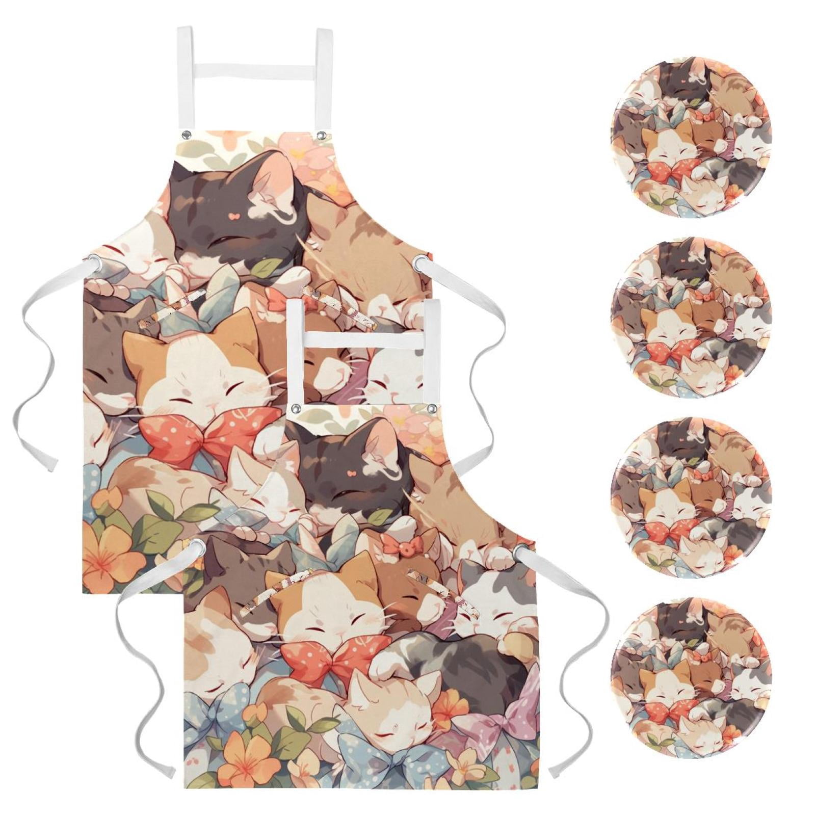 Aprons for Women Men Chef With Pockets - 2 Pack Cute Cartoon Kitten ...