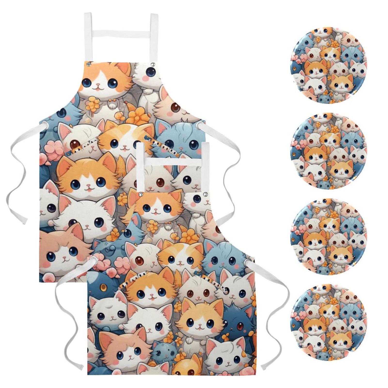 Aprons for Women Men Chef With Pockets - 2 Pack Cute Cartoon Kitten ...