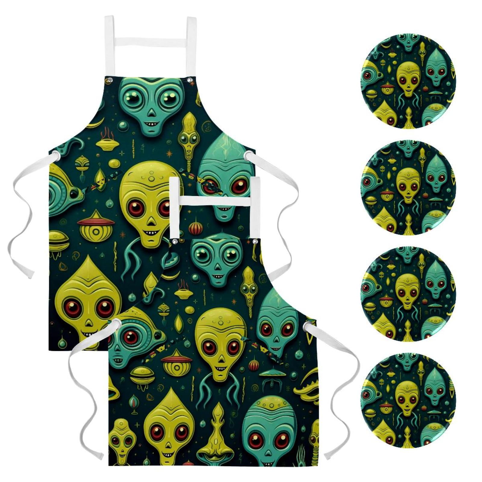 Aprons for Women Men Chef With Pockets - 2 Pack Cute Green Alien ...