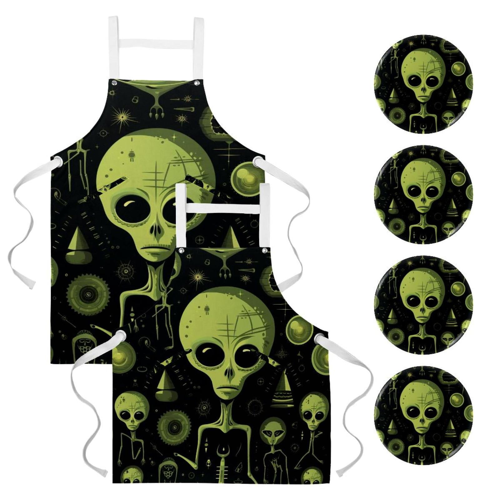 Aprons for Women Men Chef With Pockets - 2 Pack Cute Green Alien ...