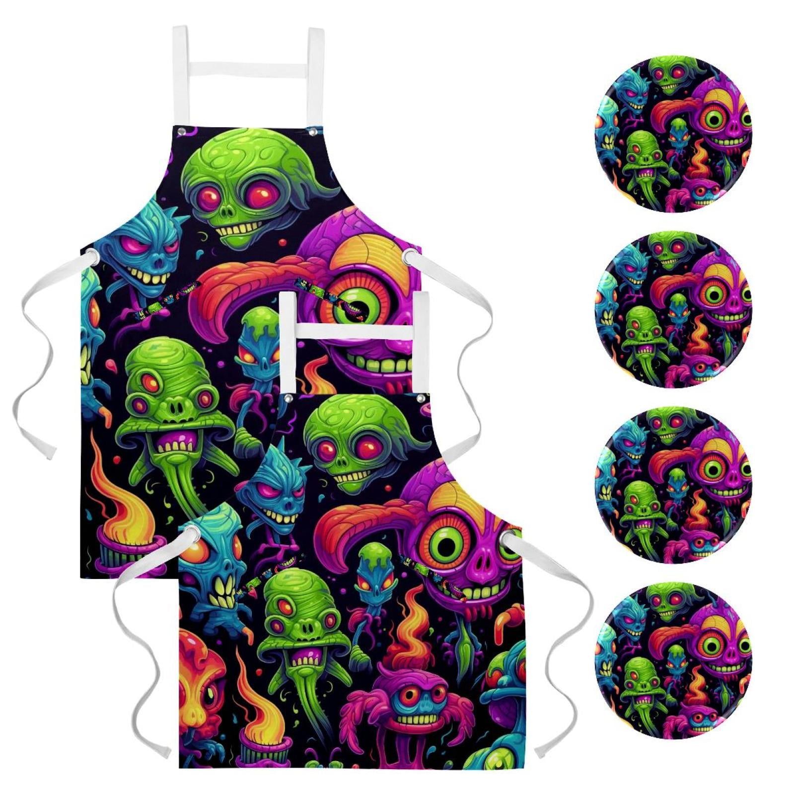 Aprons for Women Men Chef With Pockets - 2 Pack Cute Green Alien ...