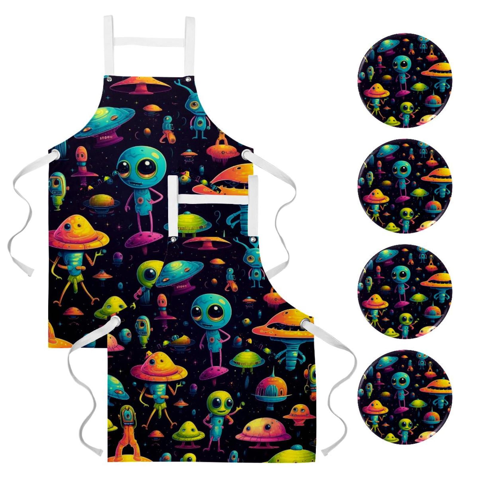 Aprons for Women Men Chef With Pockets - 2 Pack Cute Green Alien ...