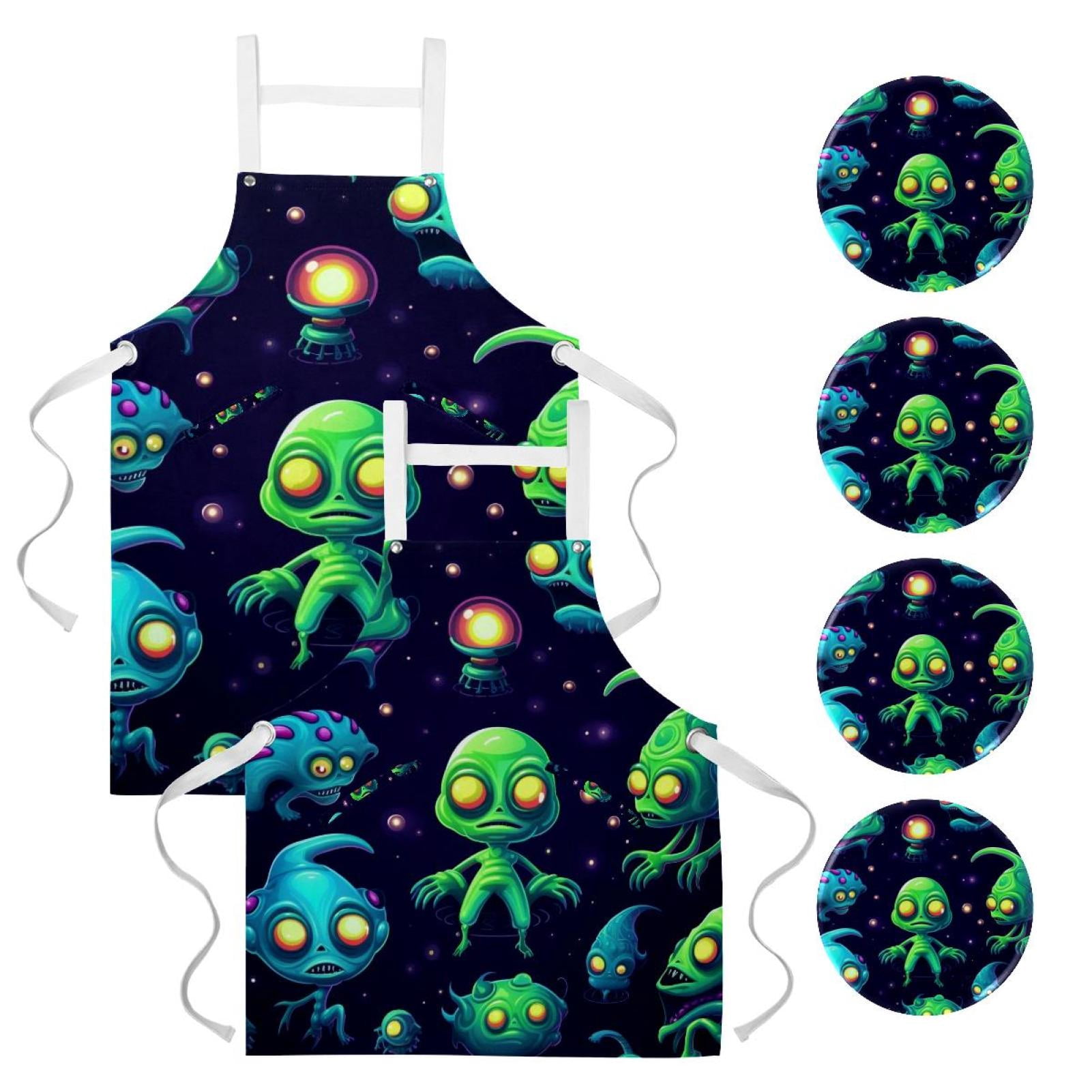 Aprons for Women Men Chef With Pockets - 2 Pack Cute Green Alien ...