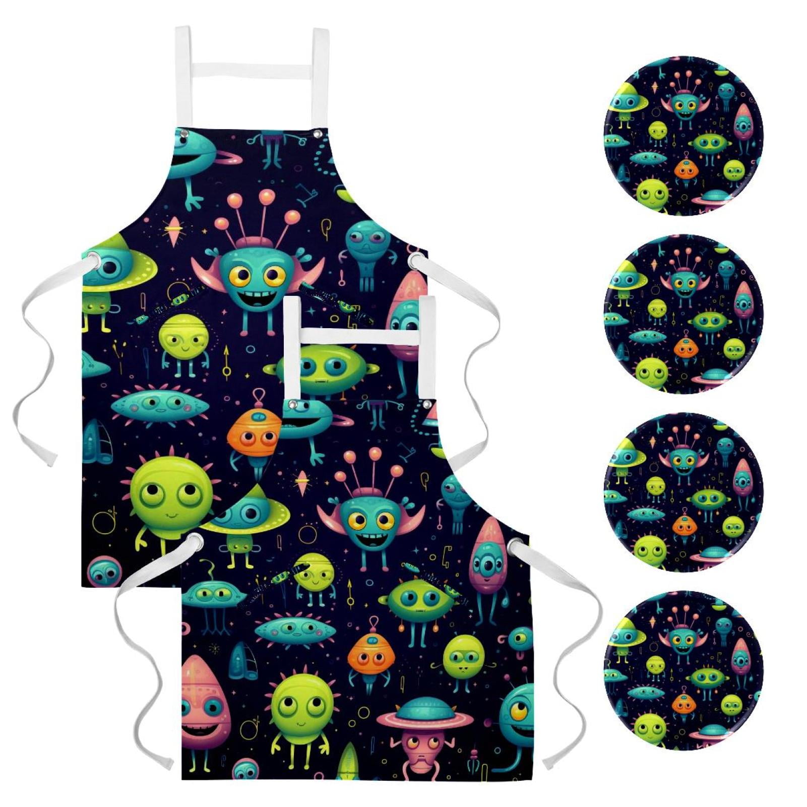 Aprons for Women Men Chef With Pockets - 2 Pack Cute Green Alien ...