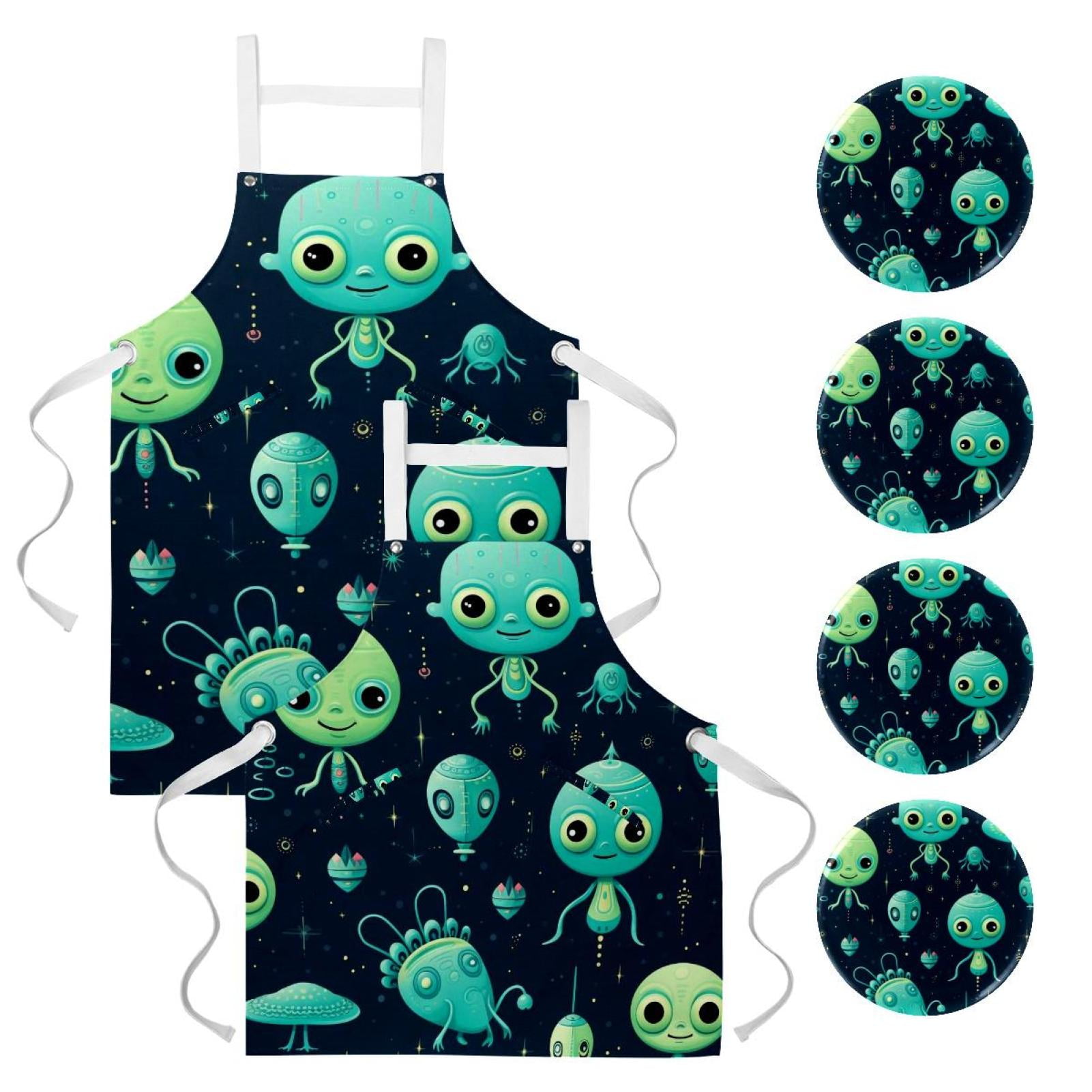 Aprons for Women Men Chef With Pockets - 2 Pack Cute Green Alien ...