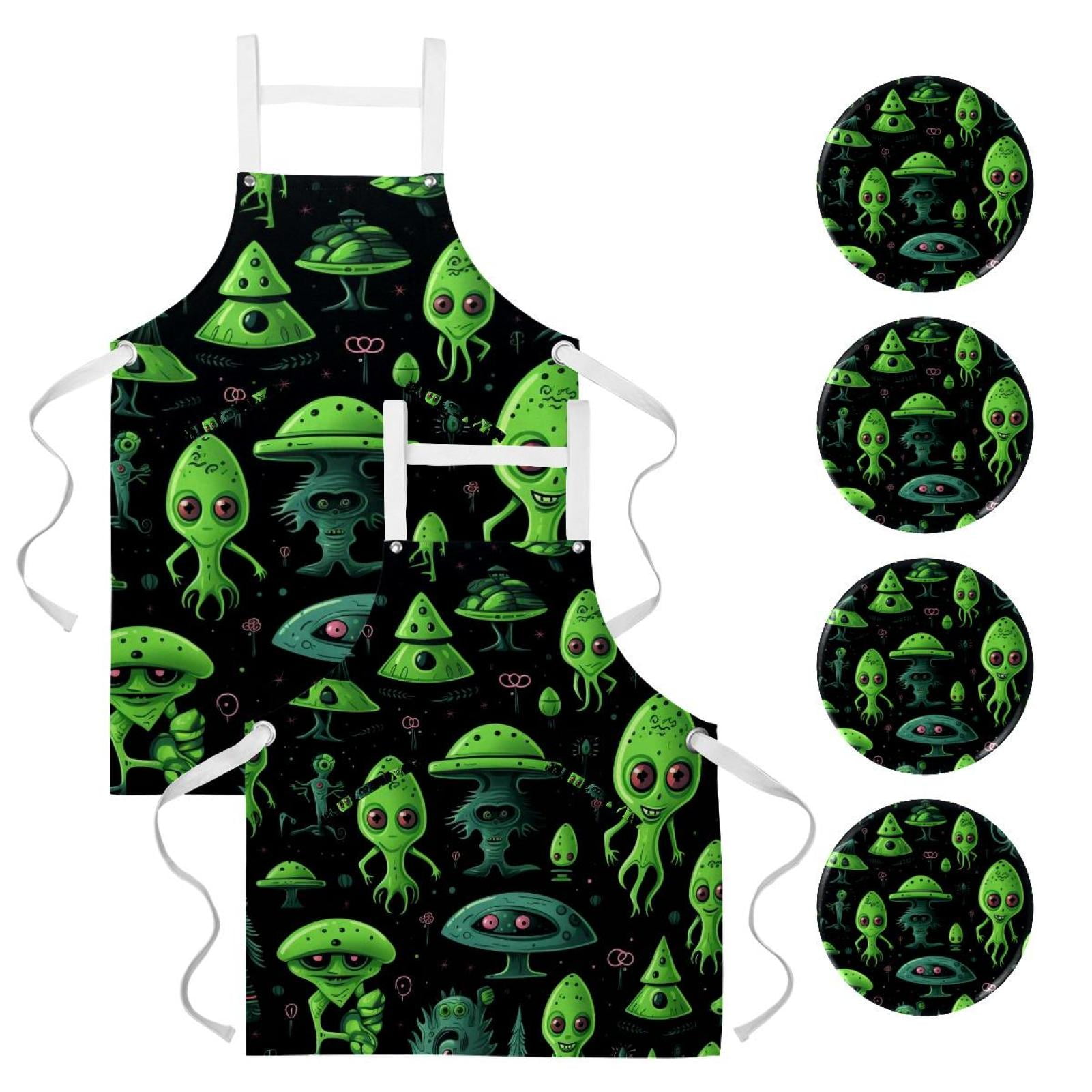 Aprons for Women Men Chef With Pockets - 2 Pack Cute Green Alien ...