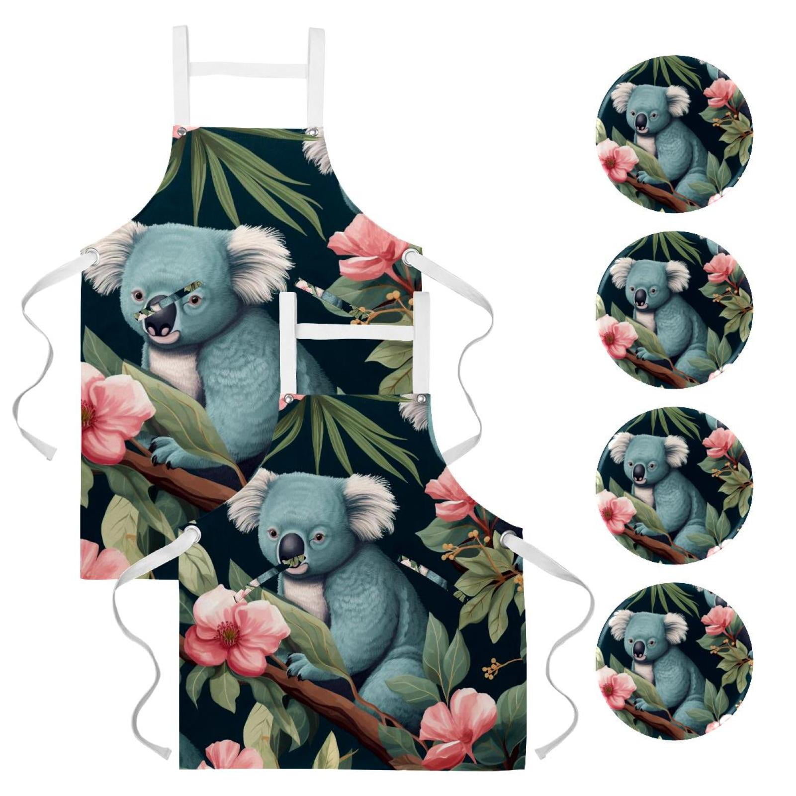 Aprons for Women Men Chef With Pockets - 2 Pack Cute Koala Flowers Adjustable Bib Apron, Kitchen ...