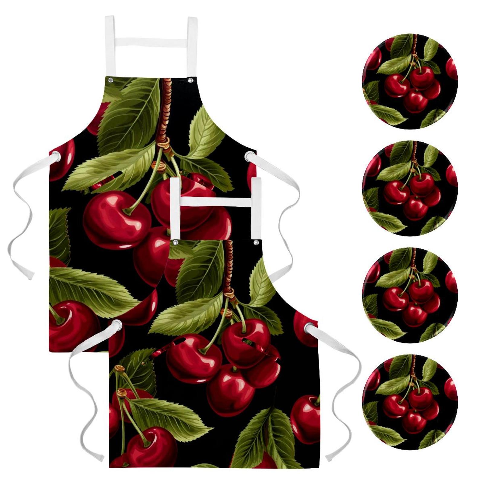 Aprons for Women Men Chef With Pockets - 2 Pack Green Leaf Cherry ...