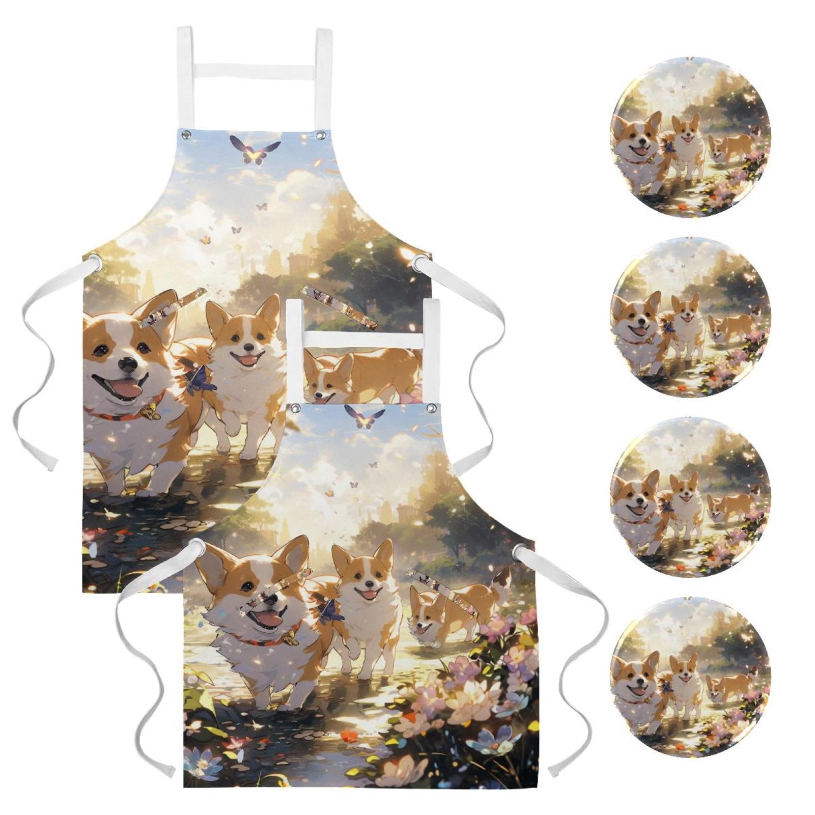 Aprons for Women Men Chef With Pockets - 2 Pack Happy Smiling corgi ...
