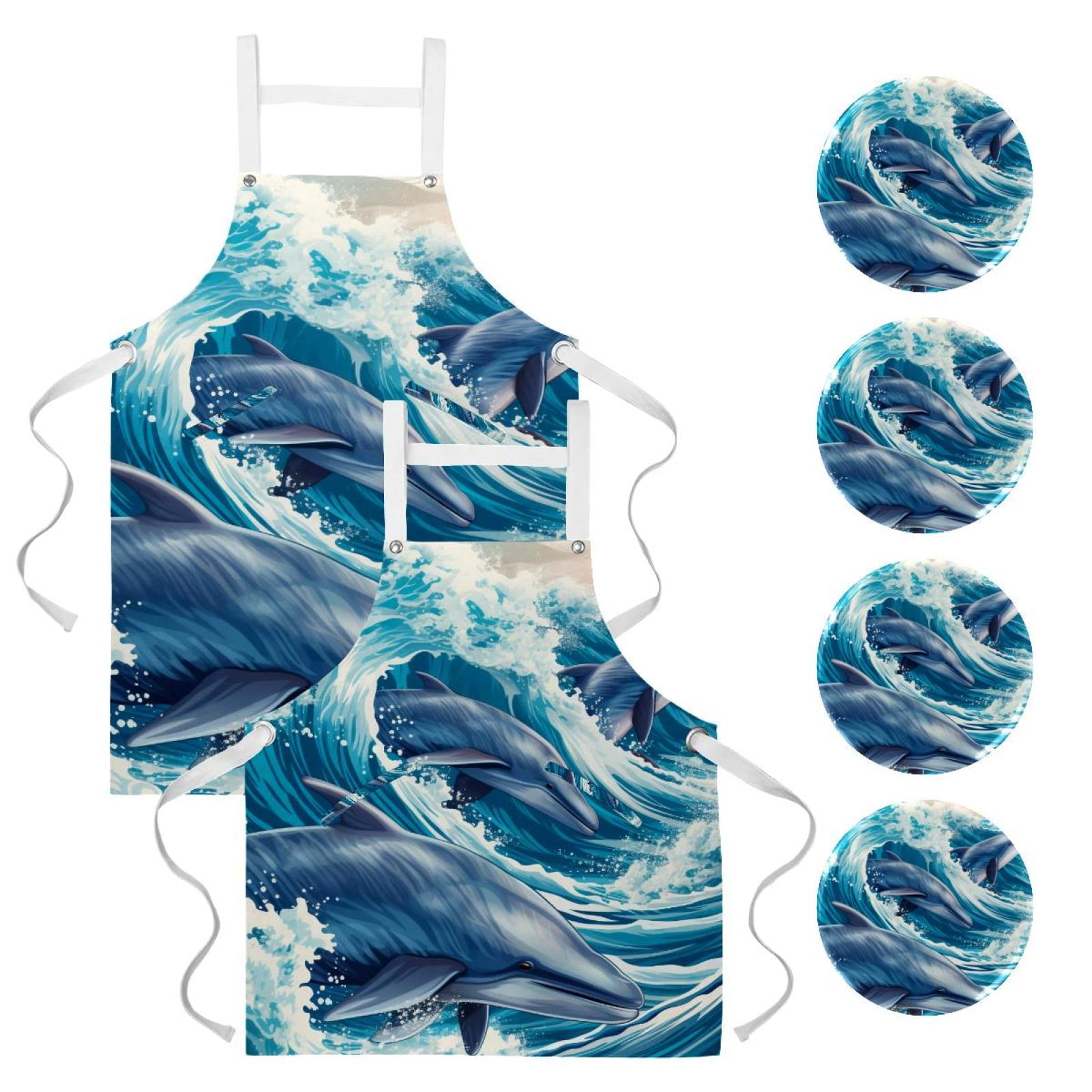 Aprons for Women Men Chef With Pockets - 2 Pack Ocean Dolphins ...