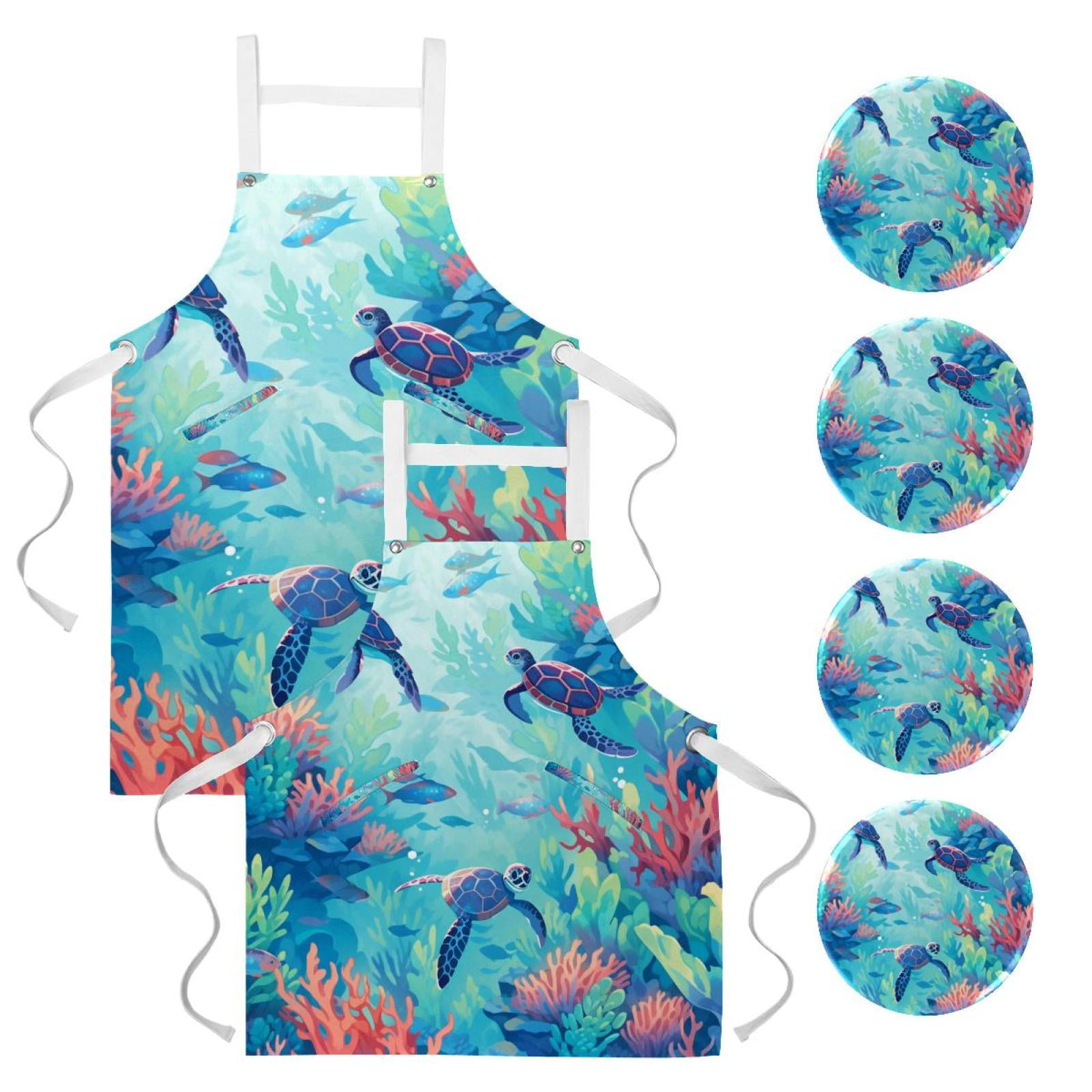 Aprons for Women Men Chef With Pockets - 2 Pack Ocean Turtle Adjustable ...