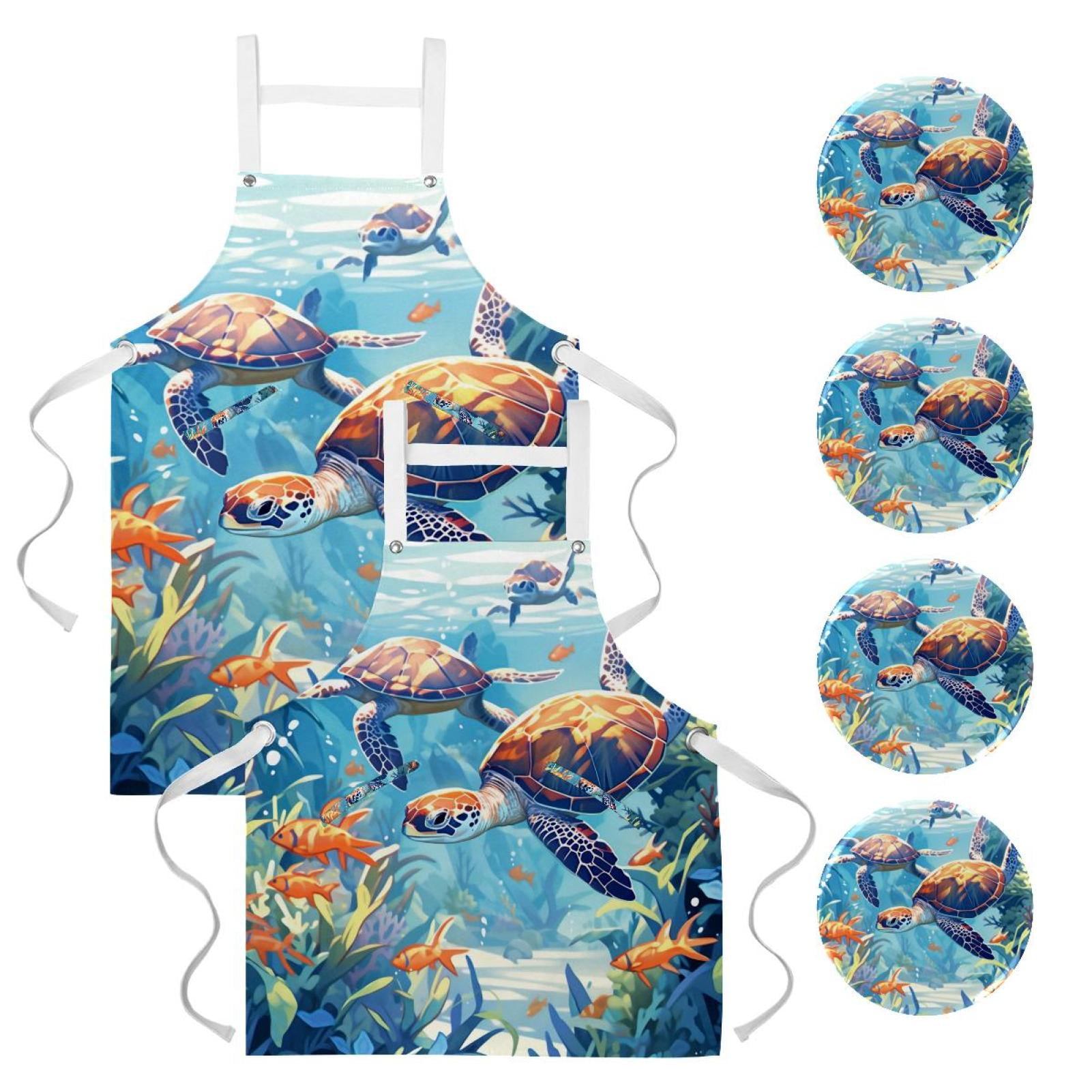 Aprons for Women Men Chef With Pockets - 2 Pack Ocean Turtle Adjustable ...