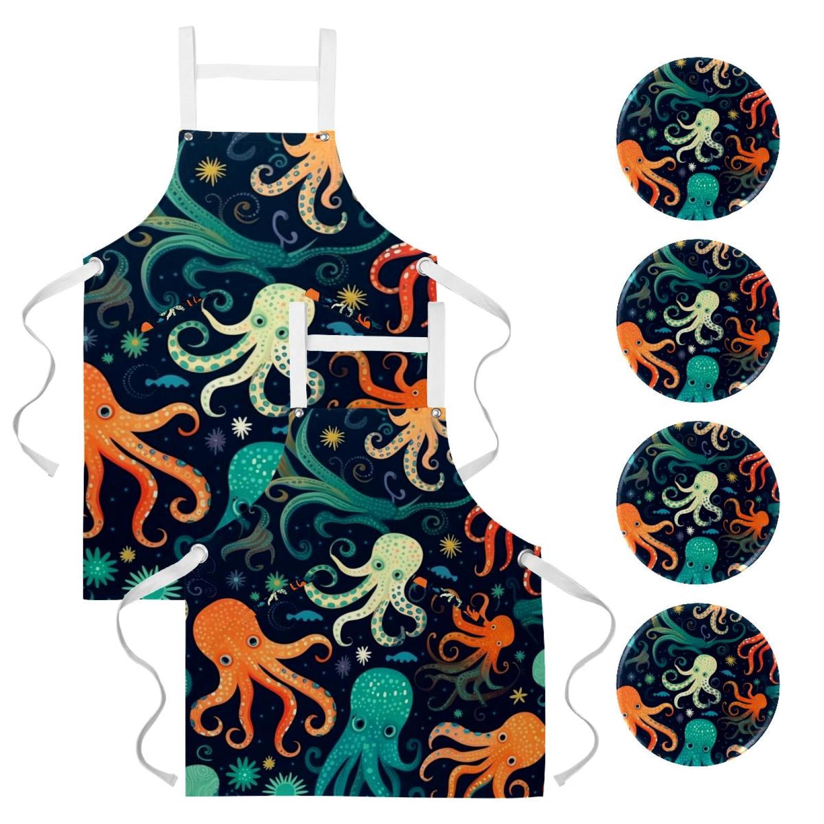 Aprons for Women Men Chef With Pockets - 2 Pack Octopus Art Adjustable ...