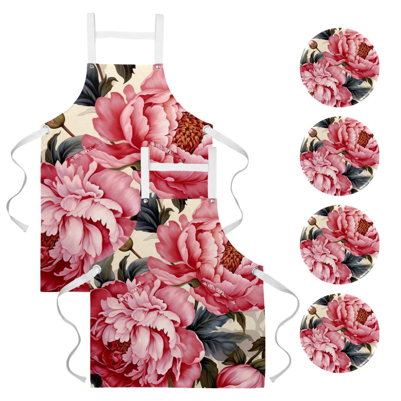 Aprons for Women Men Chef With Pockets - 2 Pack Pink Peony Flower ...