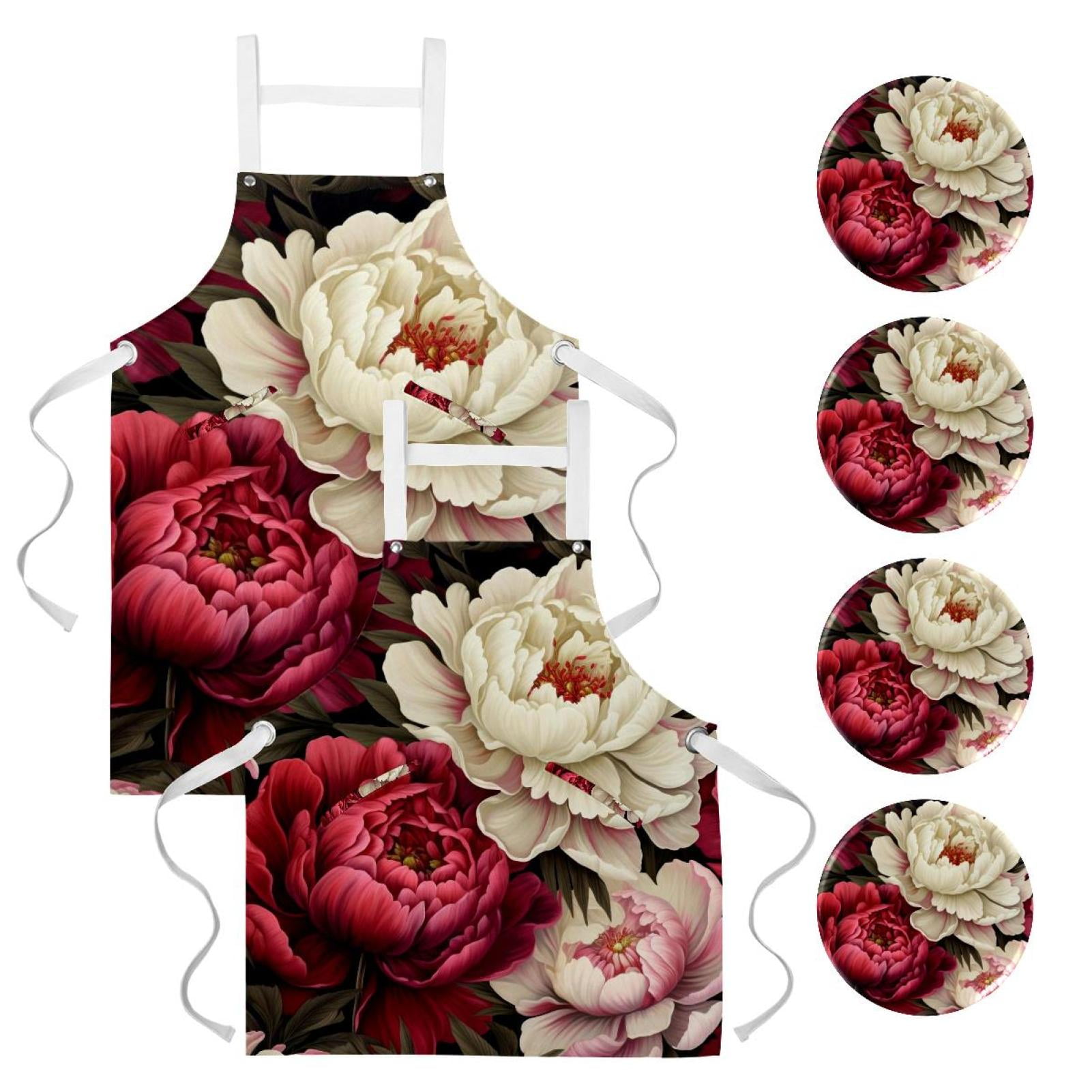 Aprons for Women Men Chef With Pockets - 2 Pack Pink Peony Flower ...