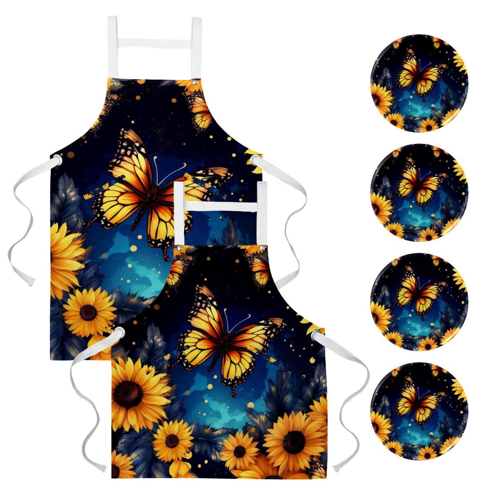 Aprons for Women Men Chef With Pockets - 2 Pack Sunflower Art Butterfly ...
