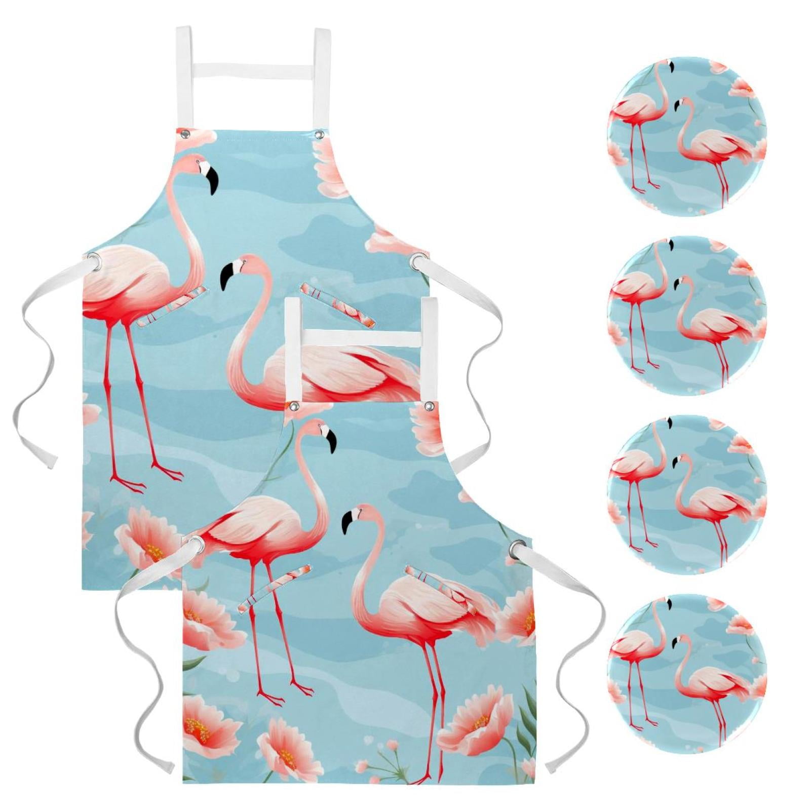 Aprons for Women Men Chef With Pockets - 2 Pack Tropical Jungle Pink Flamingo Adjustable Bib ...