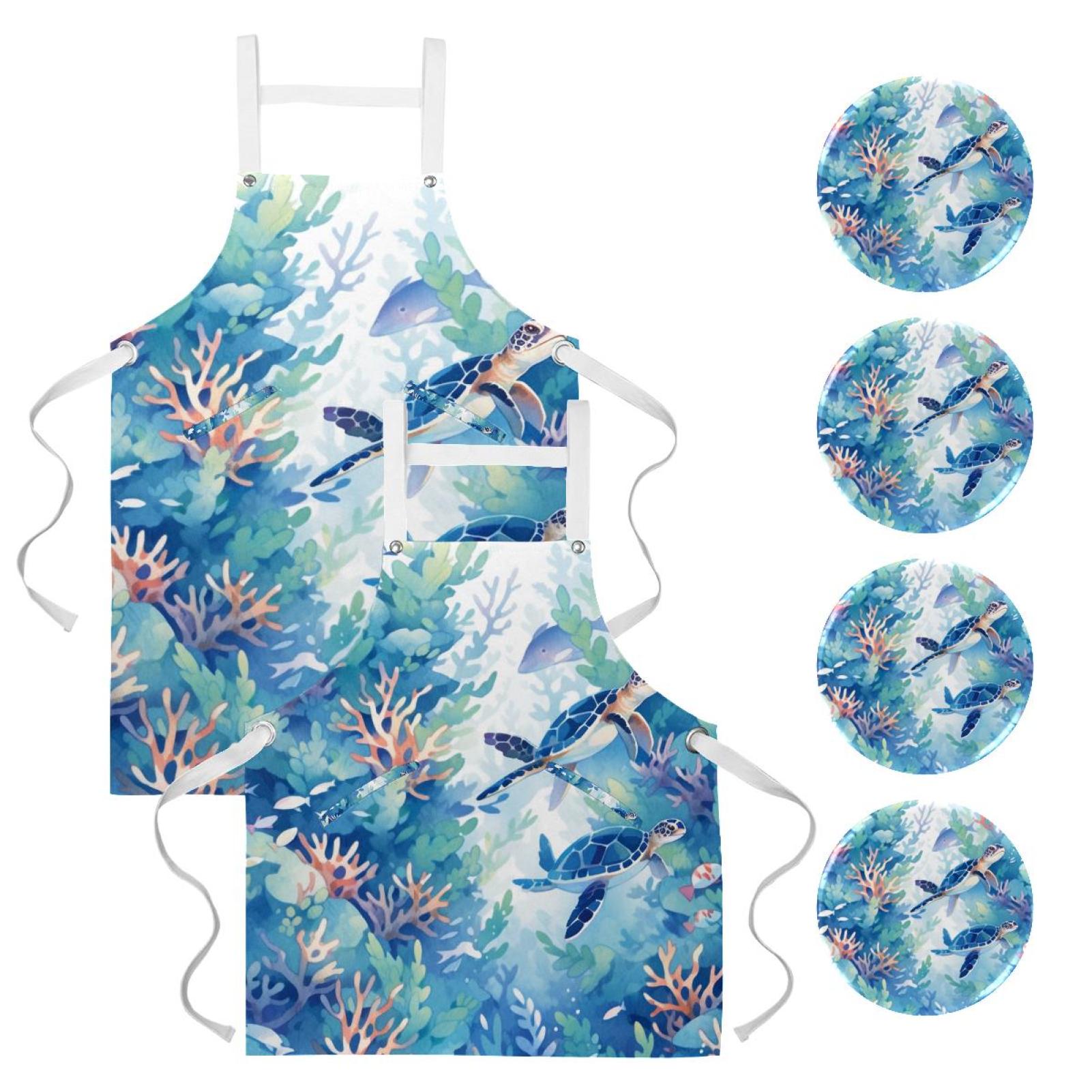 Aprons for Women Men Chef With Pockets - 2 Pack Turtle Art Adjustable ...