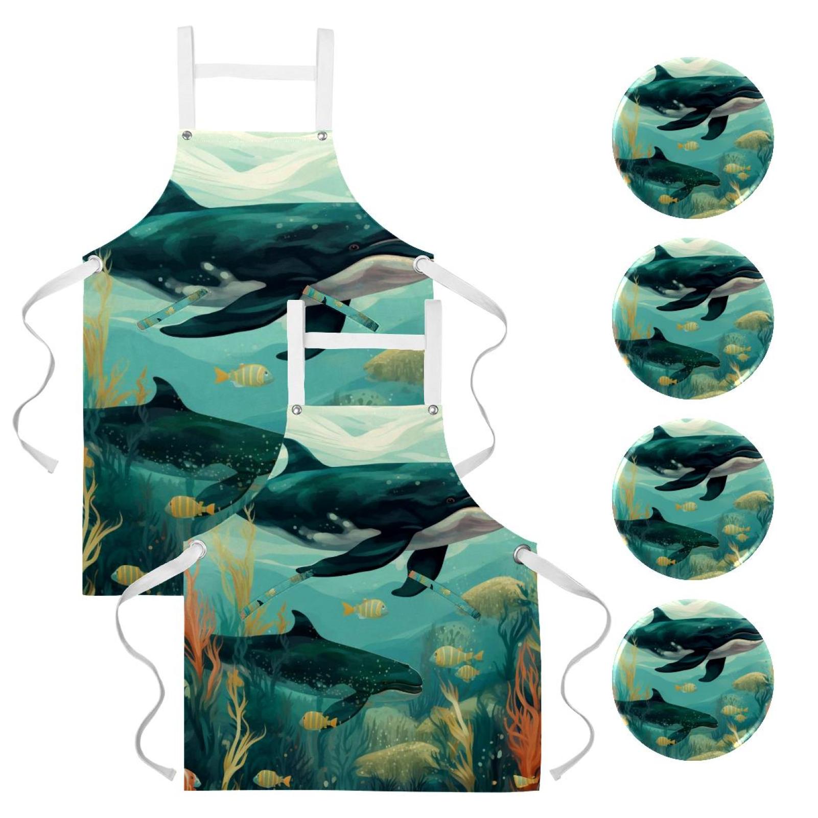 Aprons for Women Men Chef With Pockets - 2 Pack Whales in the Water ...