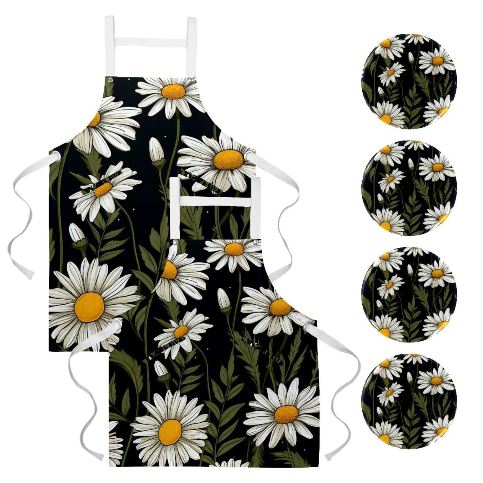 Aprons for Women Men Chef With Pockets - 2 Pack White Daisy Adjustable ...