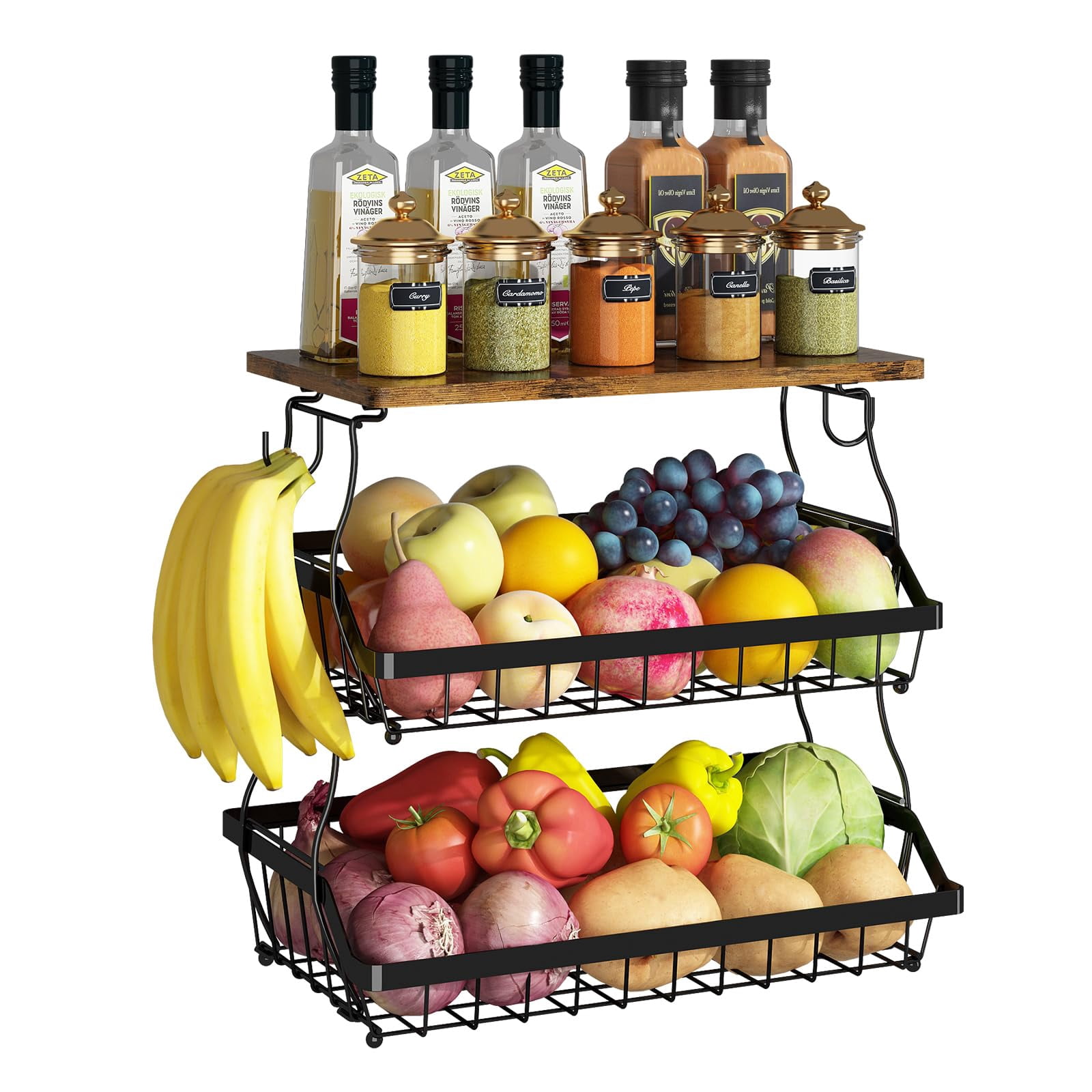 Apsan 3-Tier Fruit Basket with Wooden Top for Kitchen Counter Fruit ...