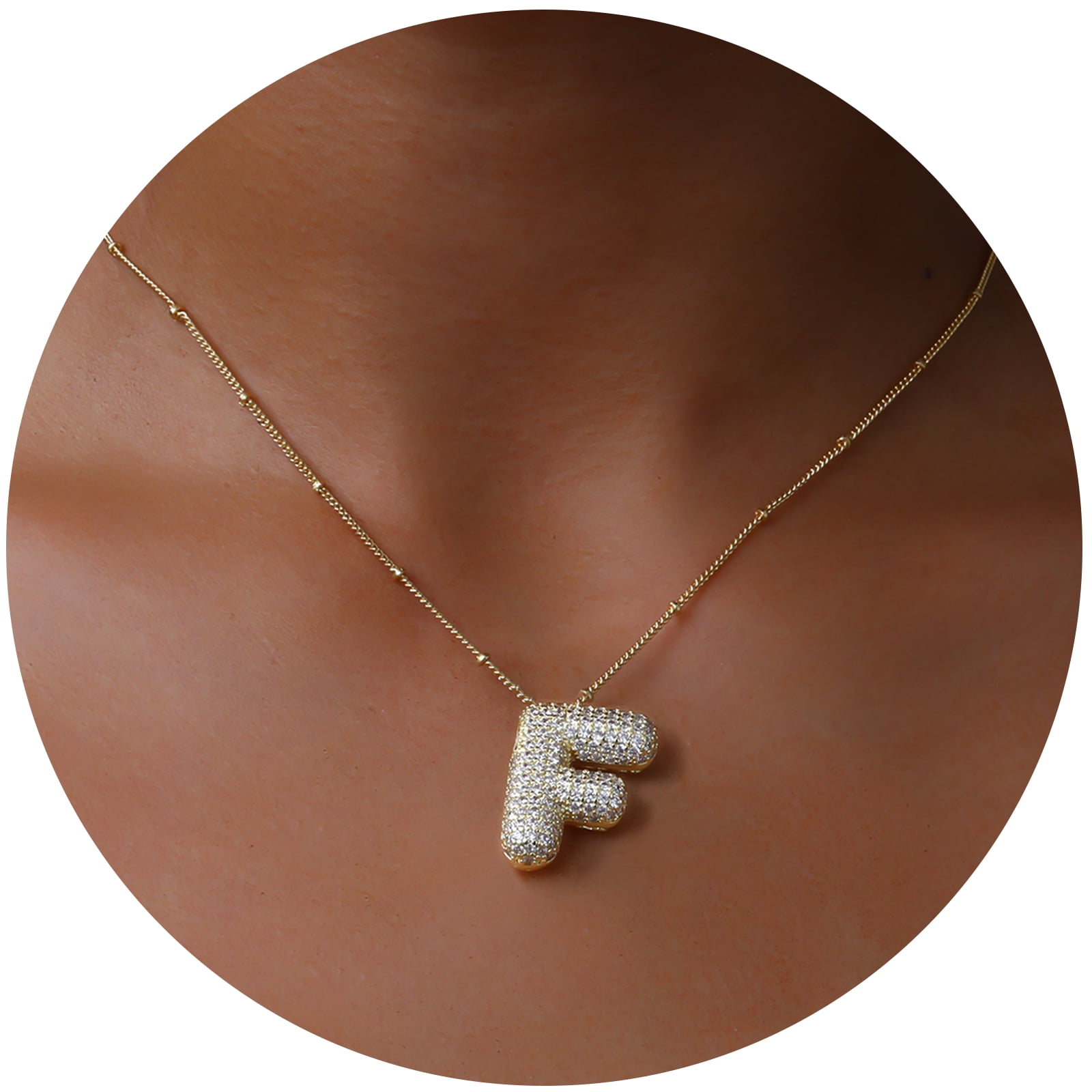 Apsvo A-Z Bubble Letter Necklace Gold Balloon Initial Necklaces Cubic ...