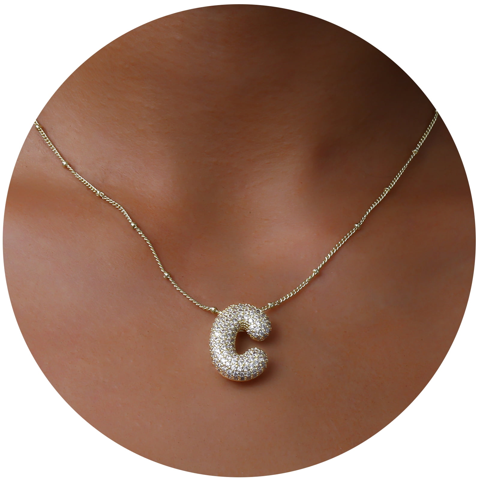 Apsvo A-Z Bubble Letter Necklace Gold Balloon Initial Necklaces Cubic ...