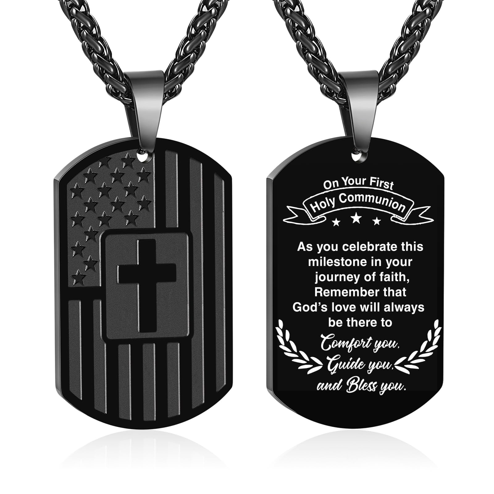 Apsvo First Communion Gift Black Dog Tag Cross Necklace Stainless Steel ...