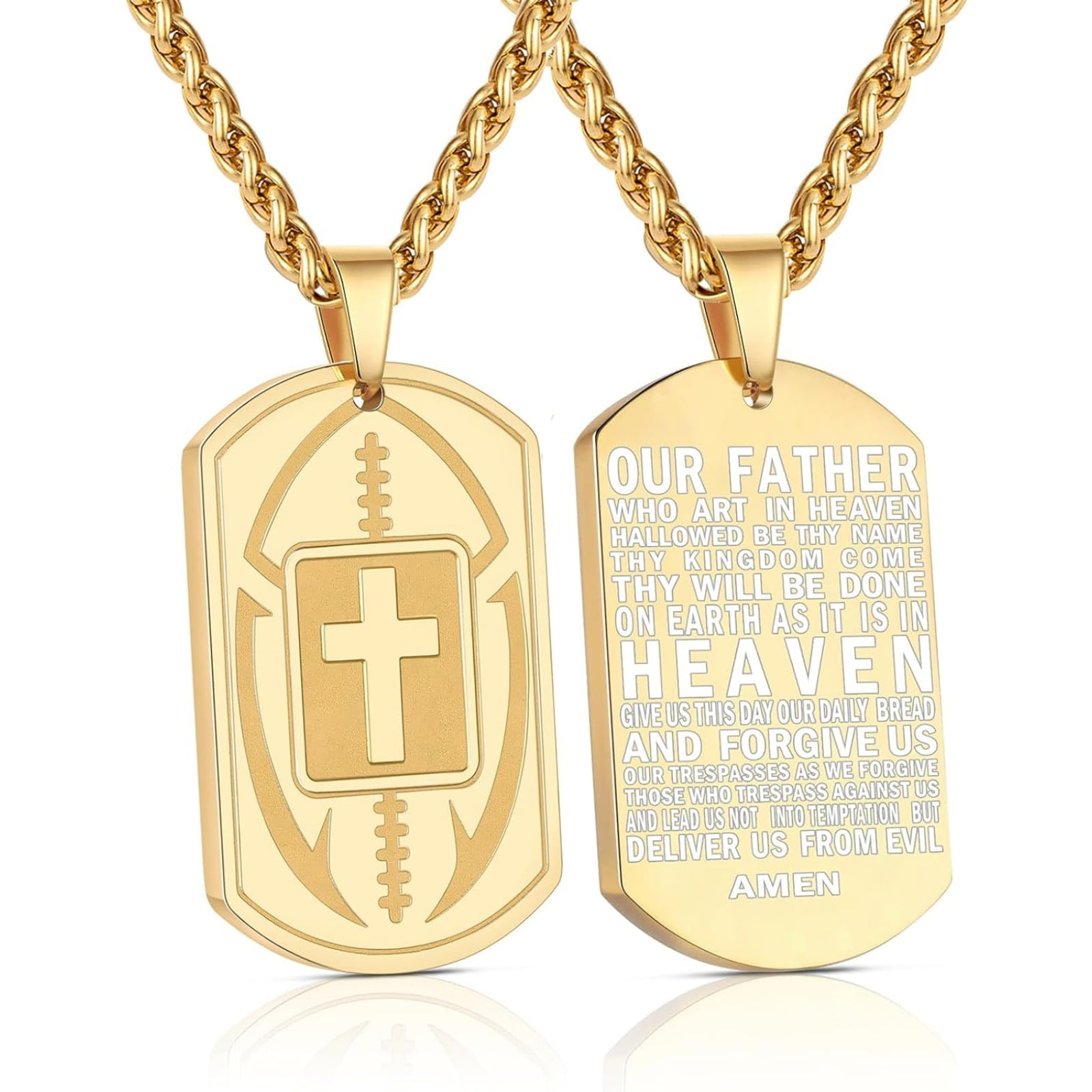 Apsvo Football Gold Dog Tag Cross Necklaces for Men Son Boyfriend Bible ...