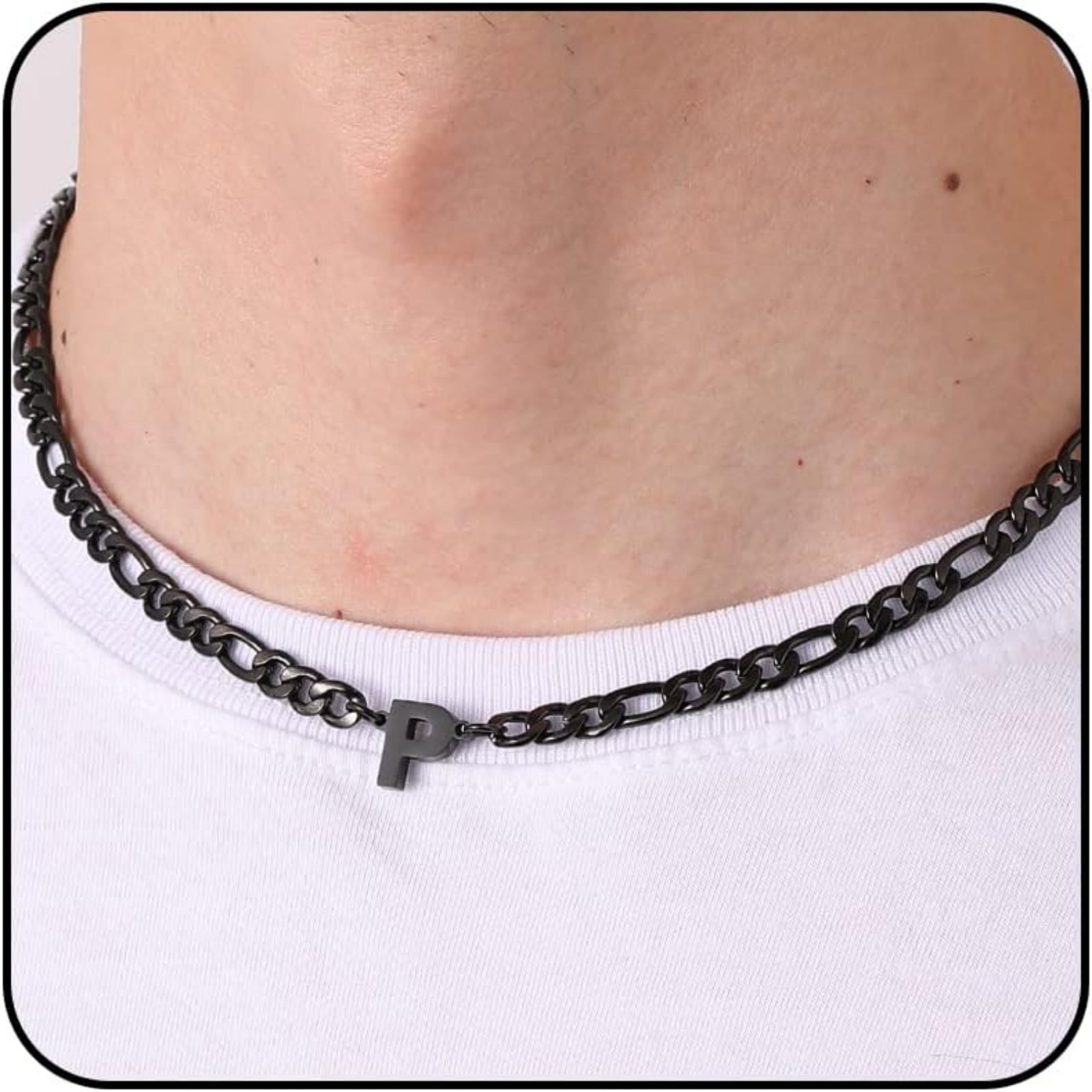 Apsvo Initial A-Z Black Figaro Link Chain Necklace for Men Women Letter ...