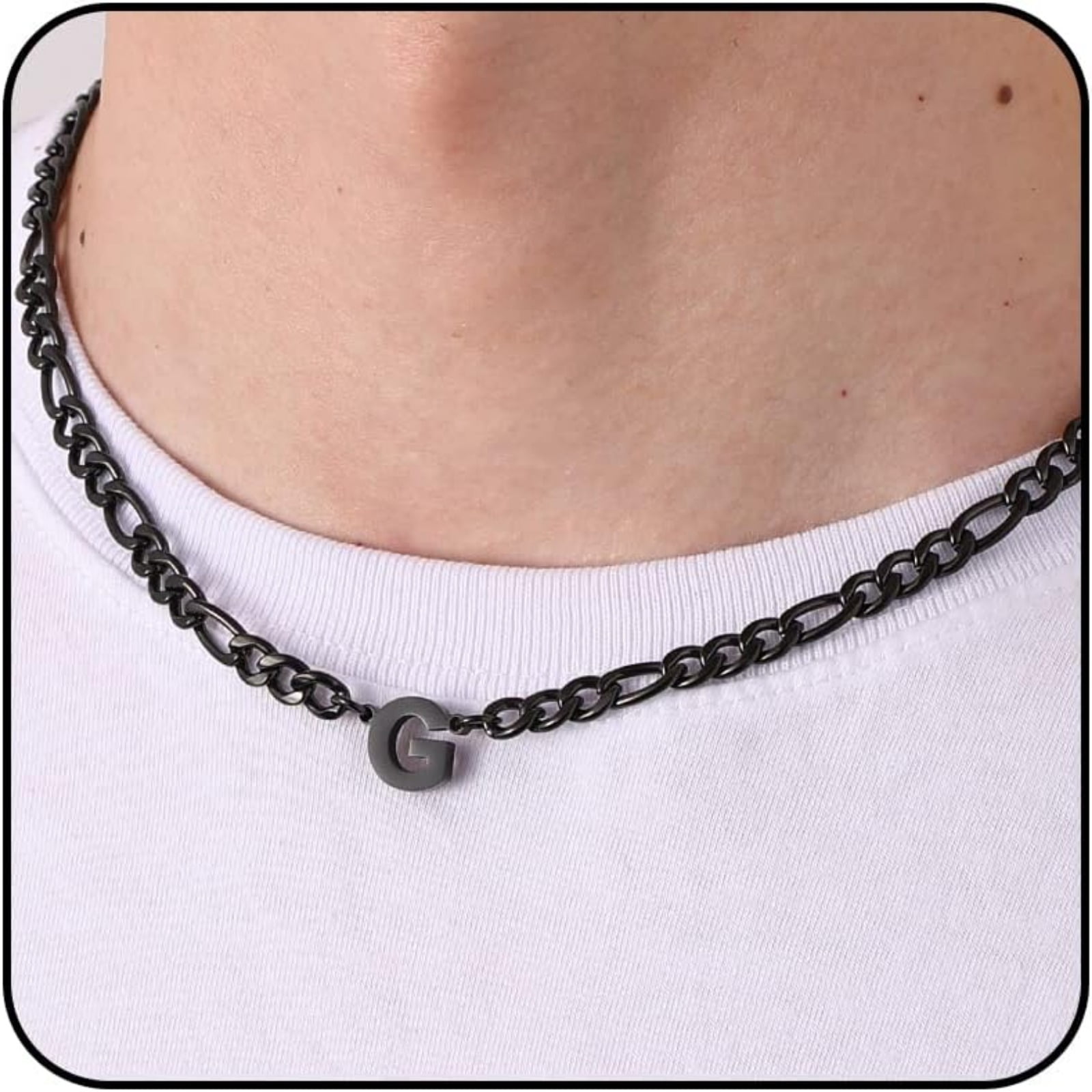Apsvo Initial A-Z Black Figaro Link Chain Necklace for Men Women Letter ...