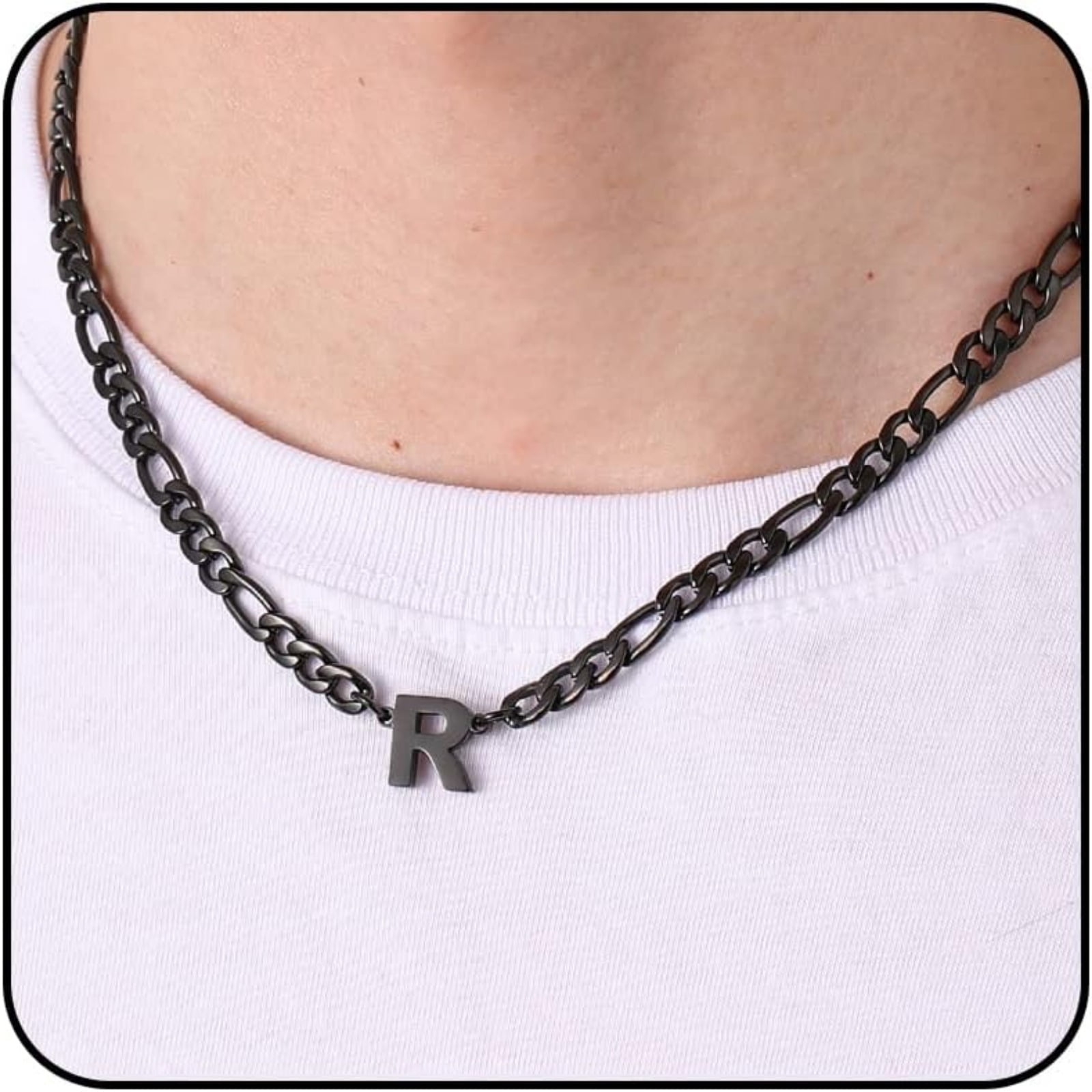 Apsvo Initial A-Z Black Figaro Link Chain Necklace for Men Women Letter ...