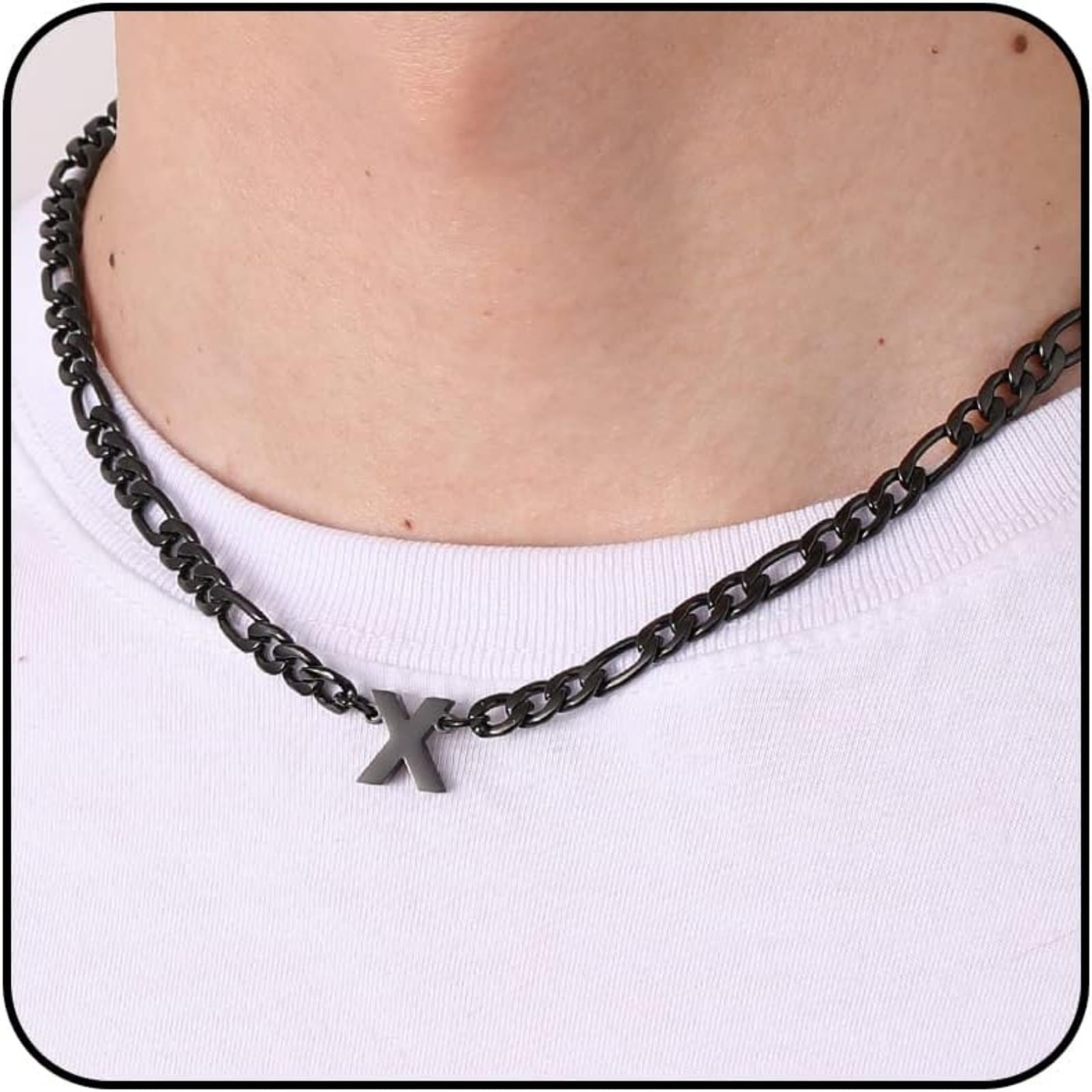 Apsvo Initial A-Z Black Figaro Link Chain Necklace for Men Women Letter ...