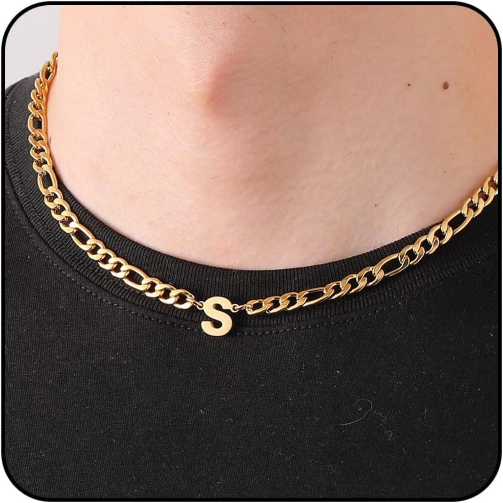 Apsvo Initial A-Z Gold Figaro Link Chain Necklace for Men Women Letter ...