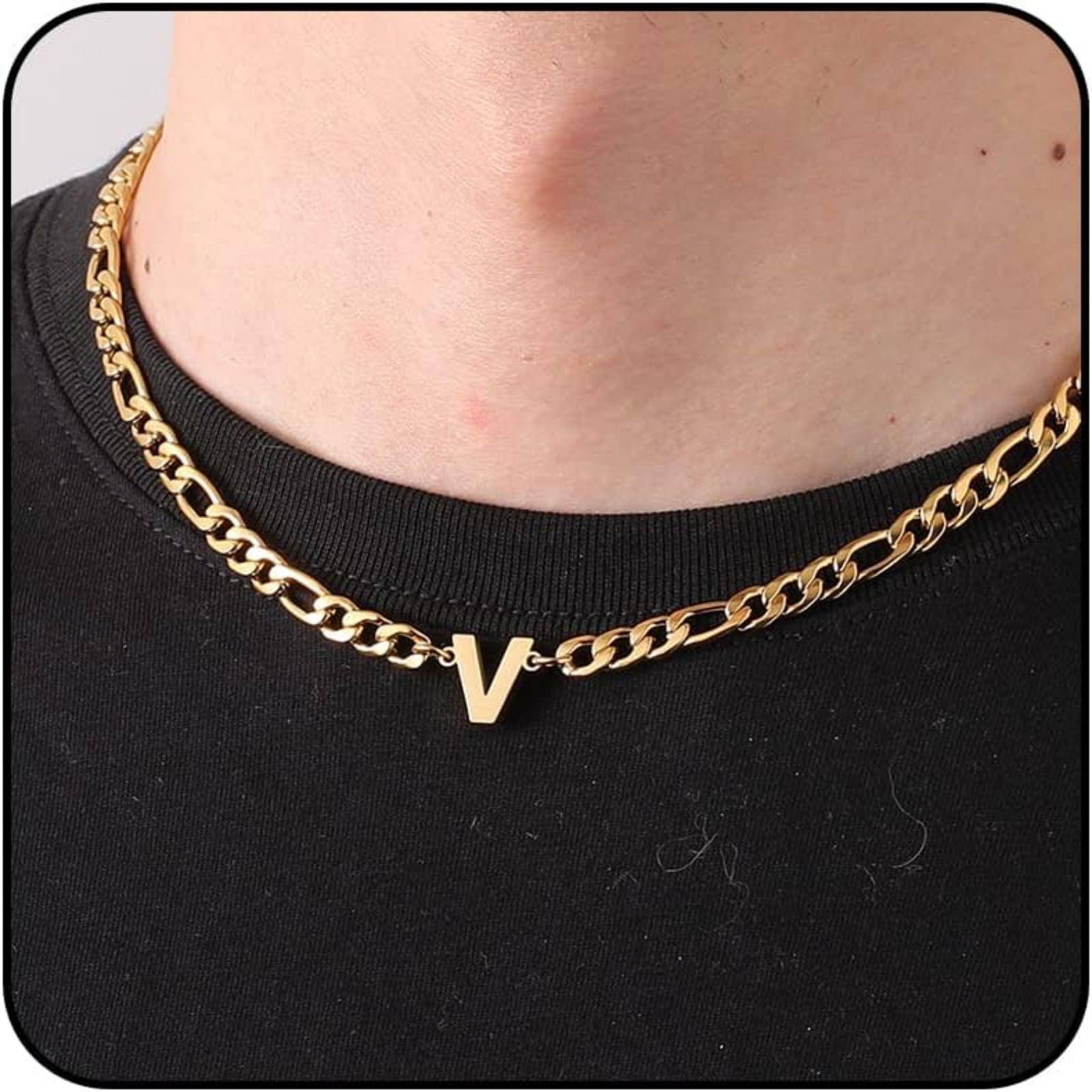 Apsvo Initial A-Z Gold Figaro Link Chain Necklace for Men Women Letter ...