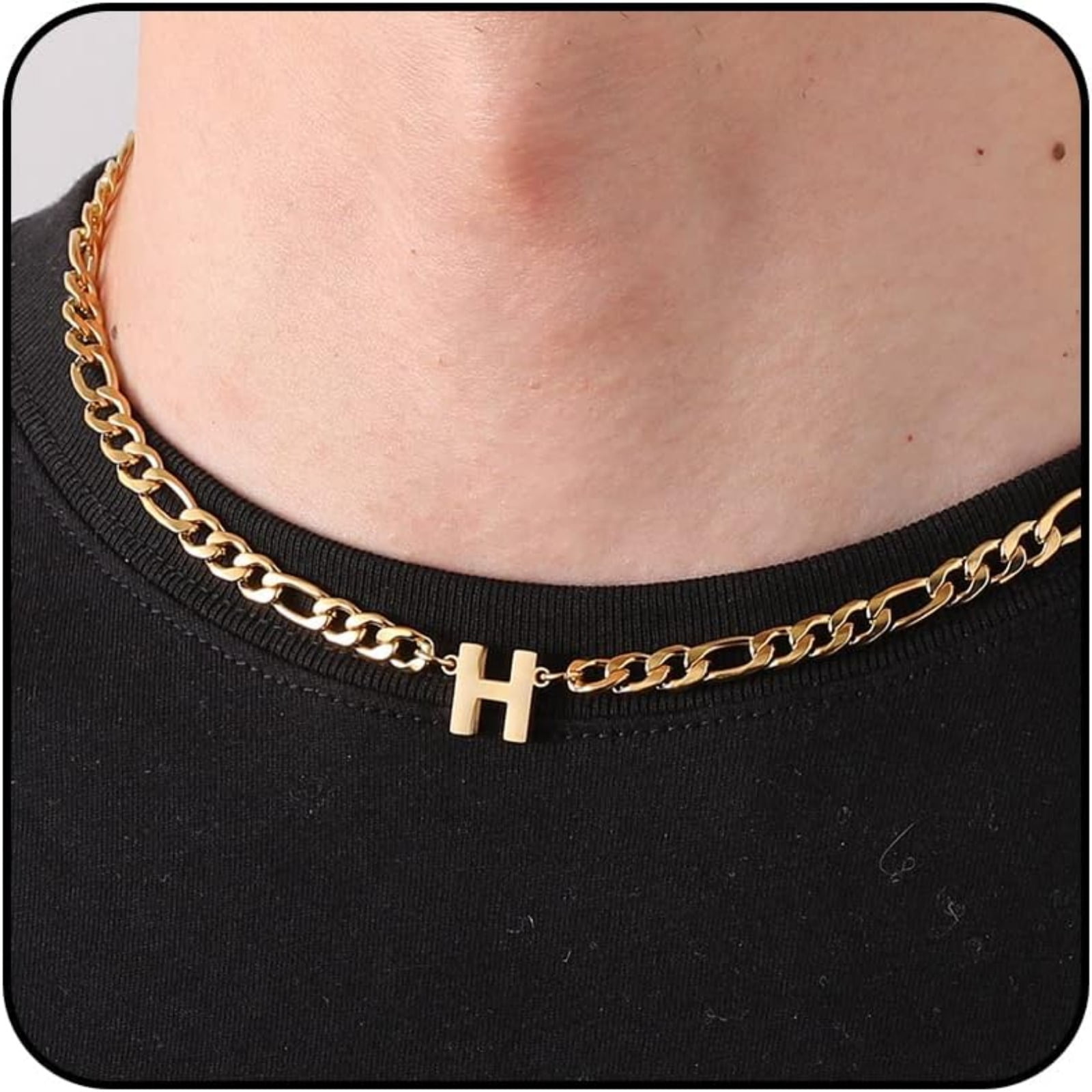 Apsvo Initial A-Z Gold Figaro Link Chain Necklace for Men Women Letter ...