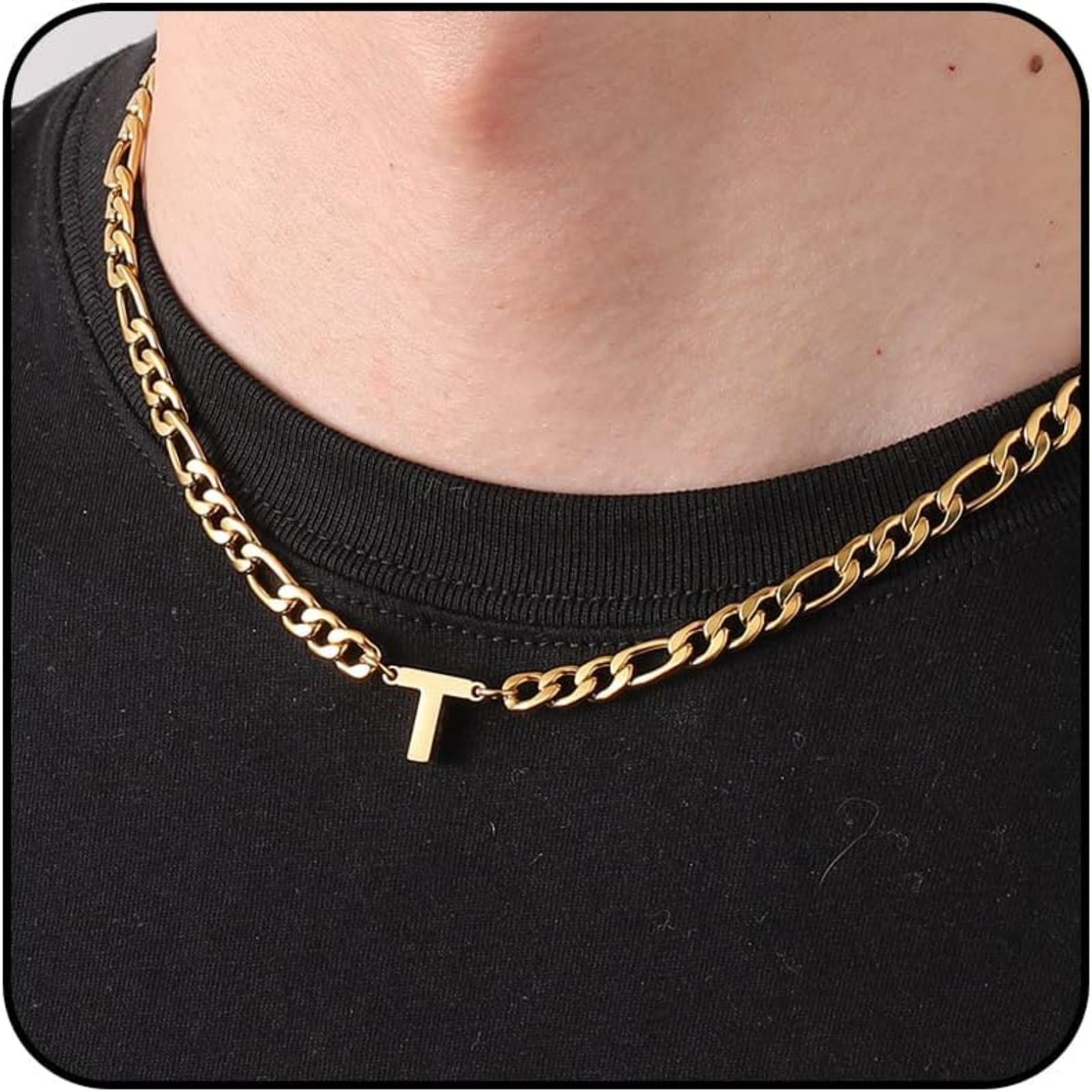 Apsvo Initial A-Z Gold Figaro Link Chain Necklace for Men Women Letter ...