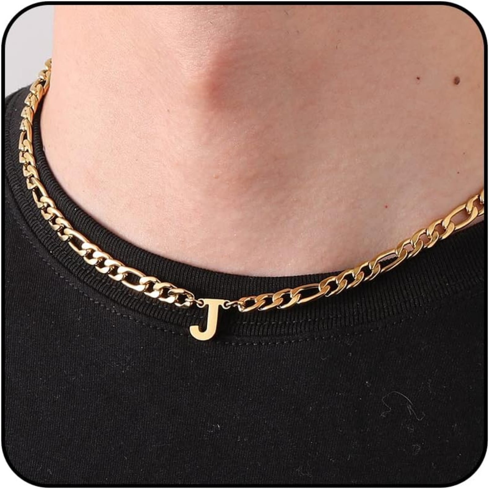 Apsvo Initial A-Z Gold Figaro Link Chain Necklace for Men Women Letter ...