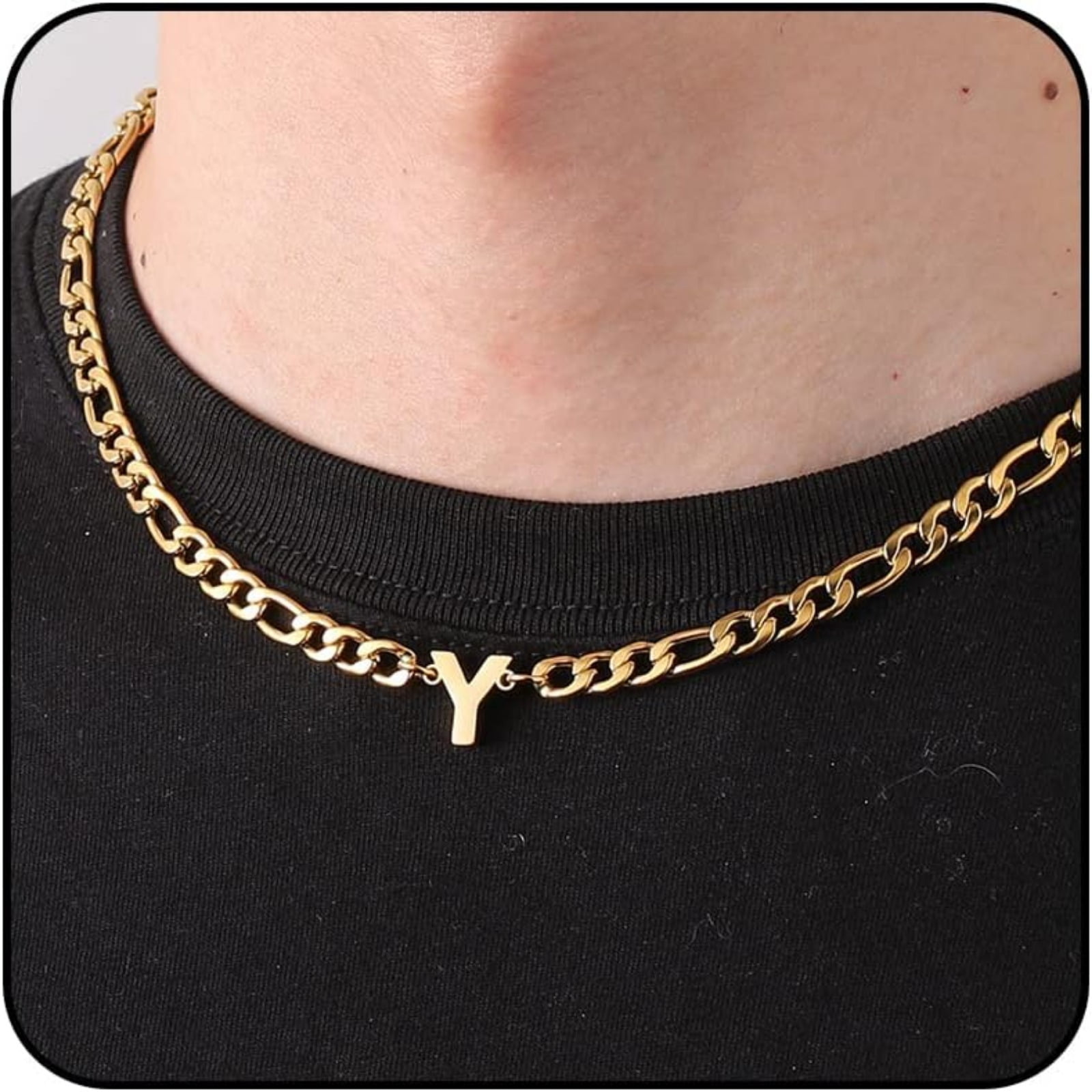 Apsvo Initial A-Z Gold Figaro Link Chain Necklace for Men Women Letter ...