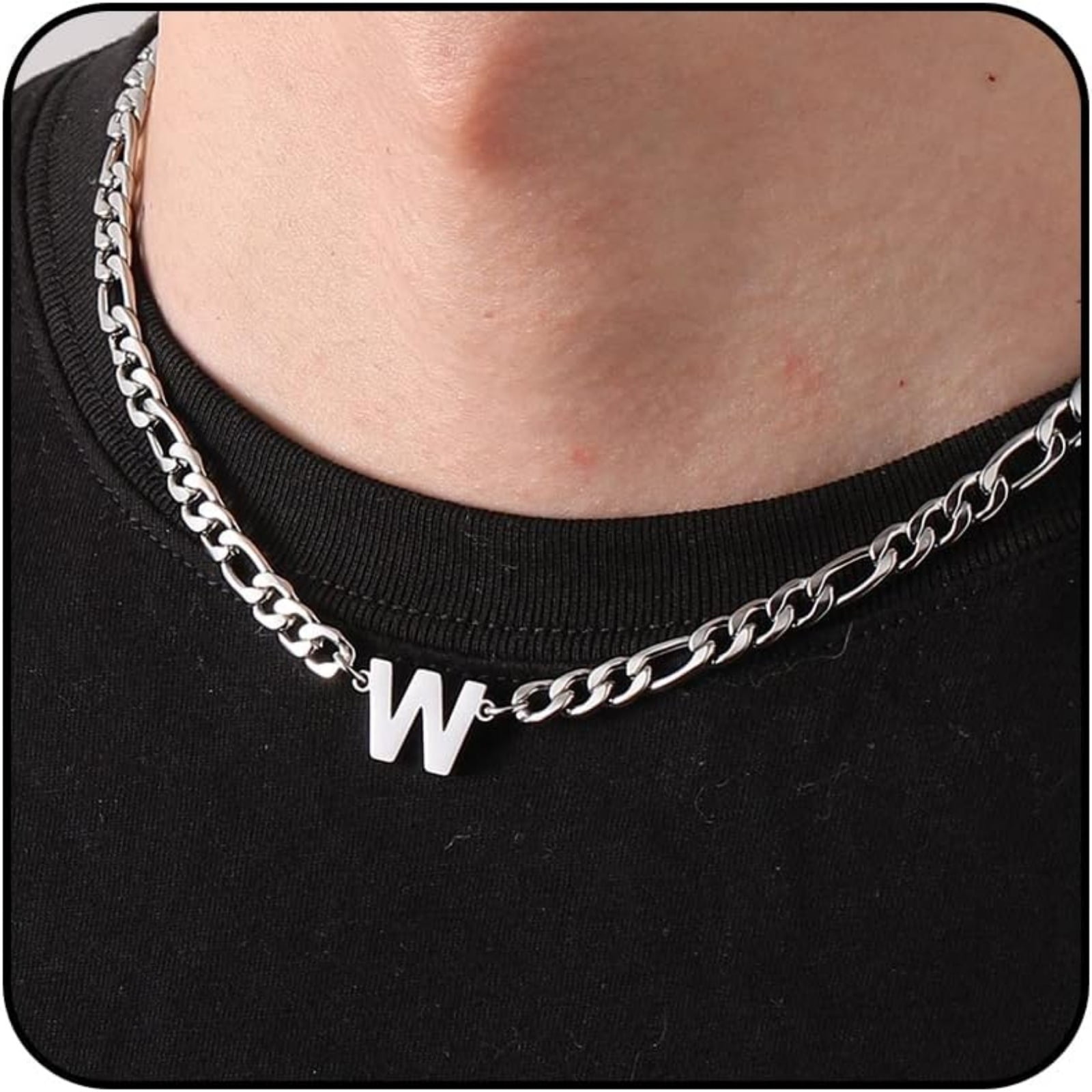 Apsvo Initial A-Z Silver Figaro Link Chain Necklace for Men Women ...