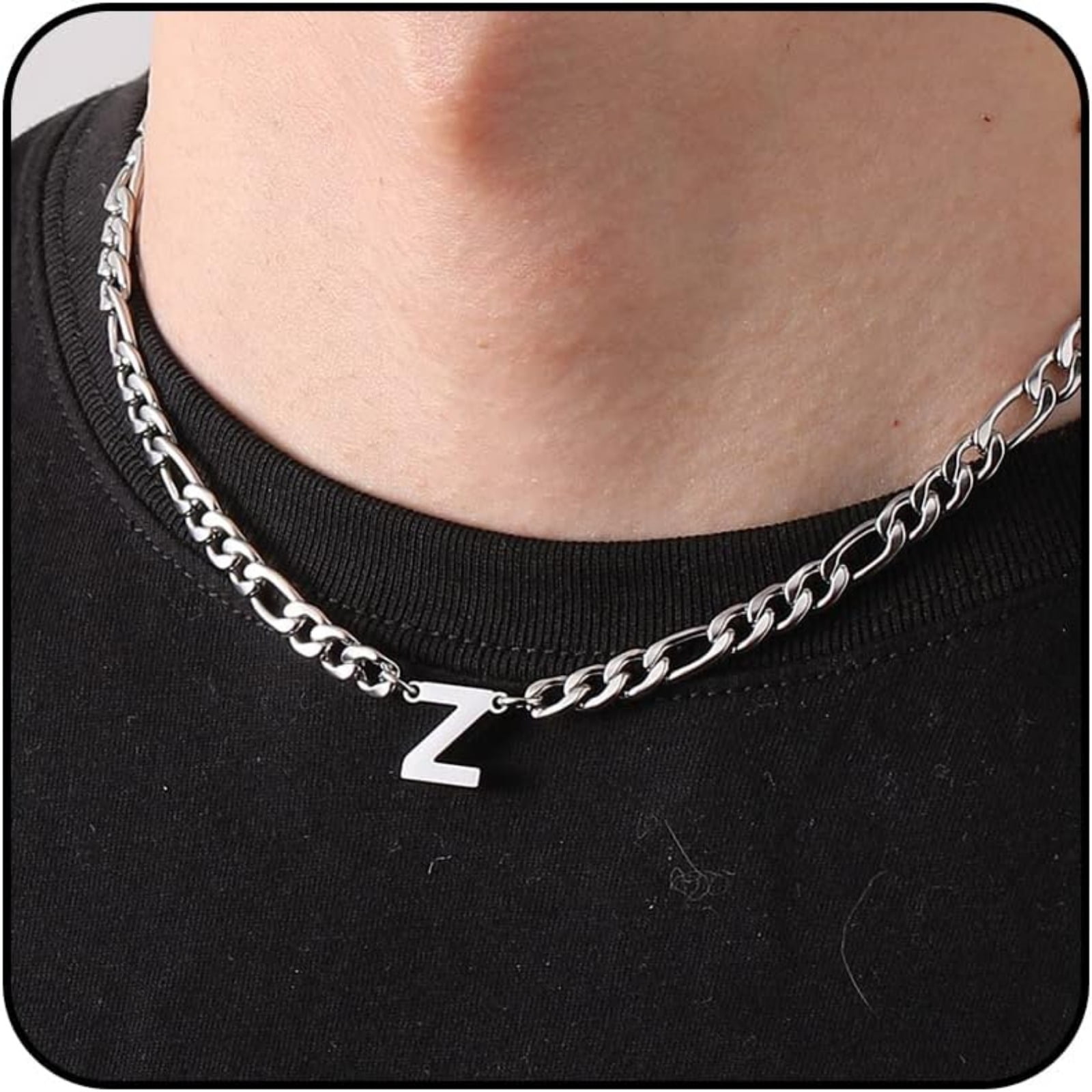 Apsvo Initial A-Z Silver Figaro Link Chain Necklace for Men Women Letter Pendant Stainless Steel ...