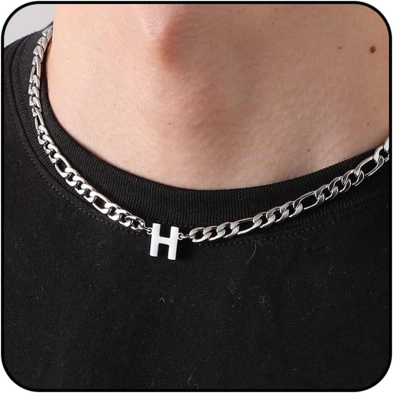 Apsvo Initial A-Z Silver Figaro Link Chain Necklace for Men Women ...