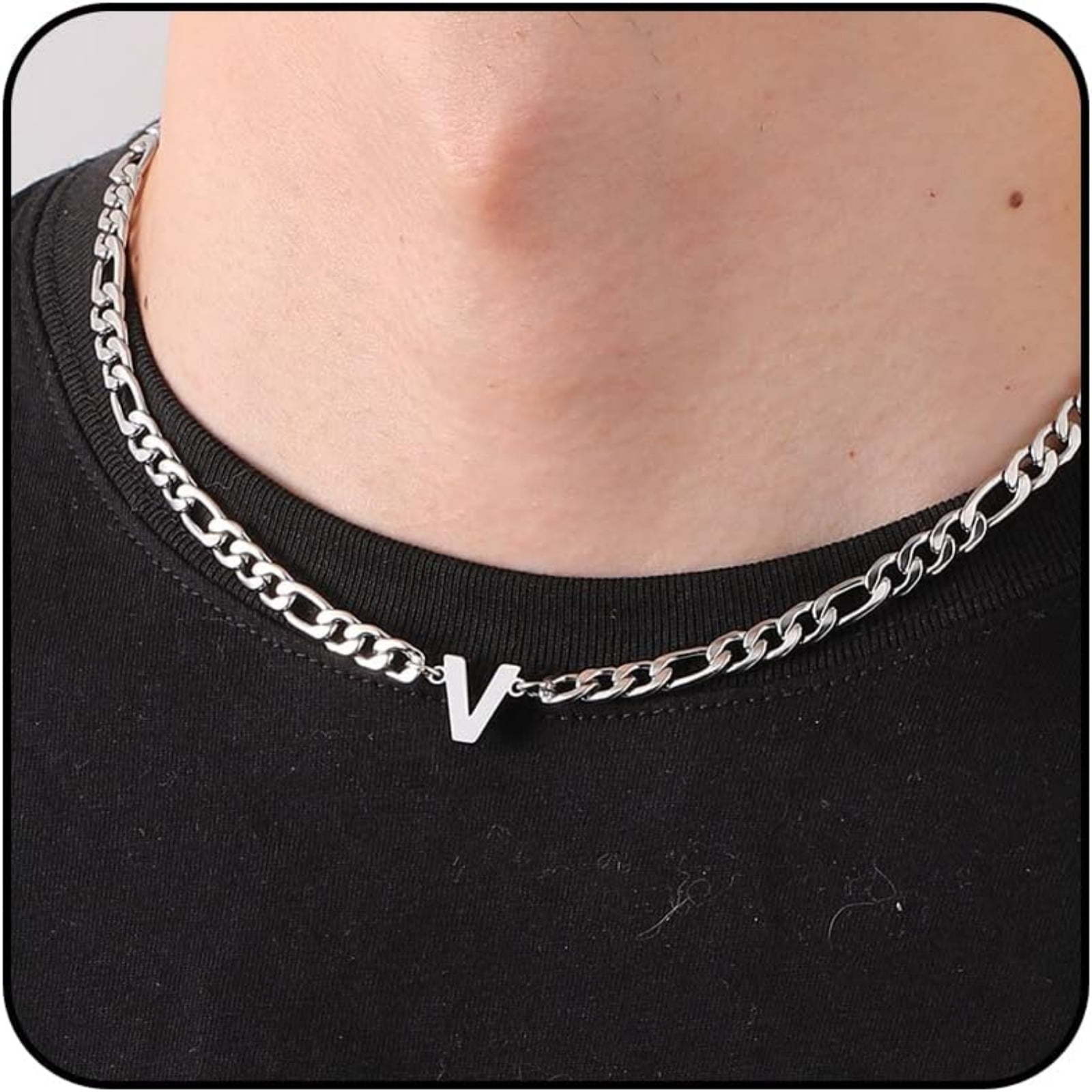 Apsvo Initial A-Z Silver Figaro Link Chain Necklace for Men Women ...