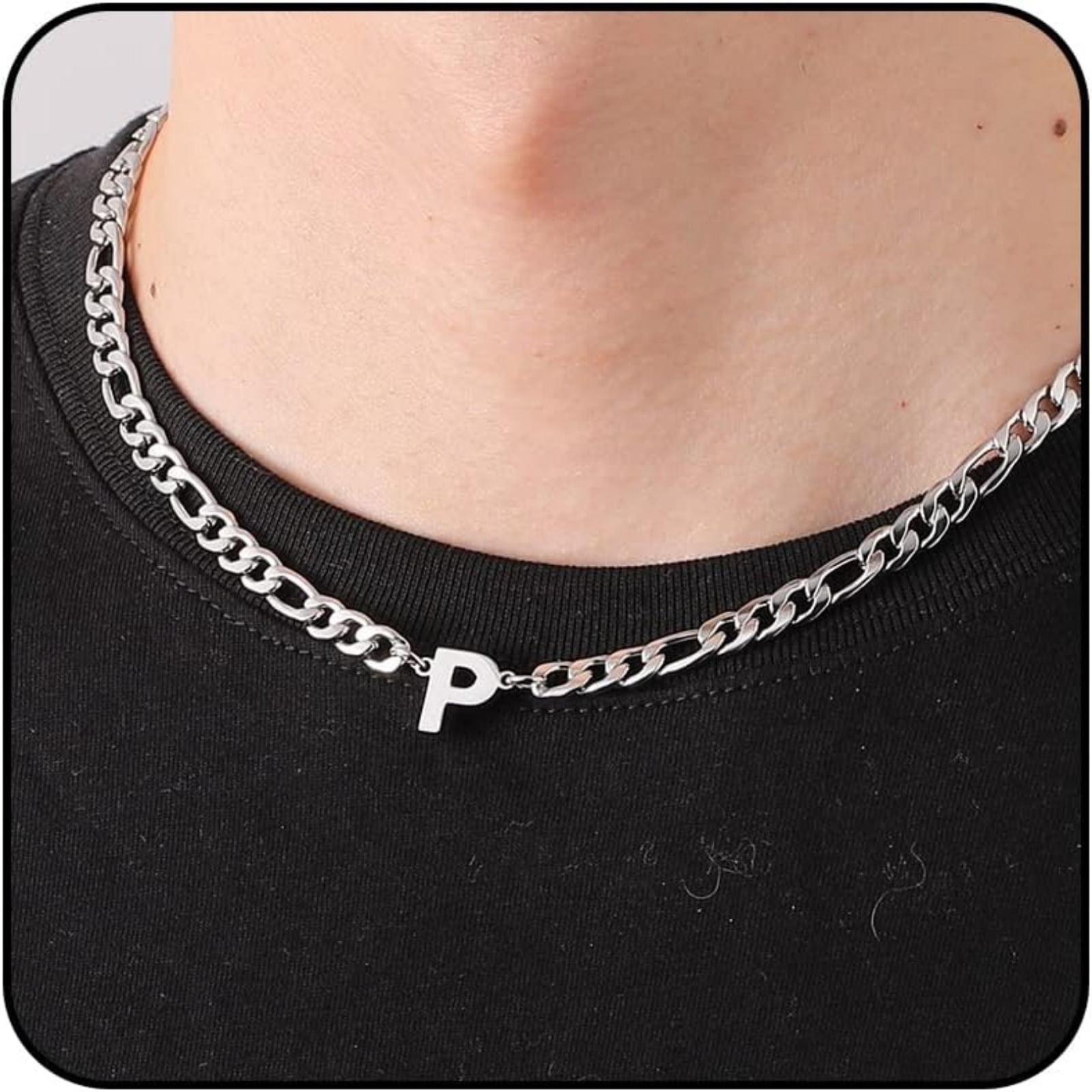 Apsvo Initial A-Z Silver Figaro Link Chain Necklace for Men Women ...