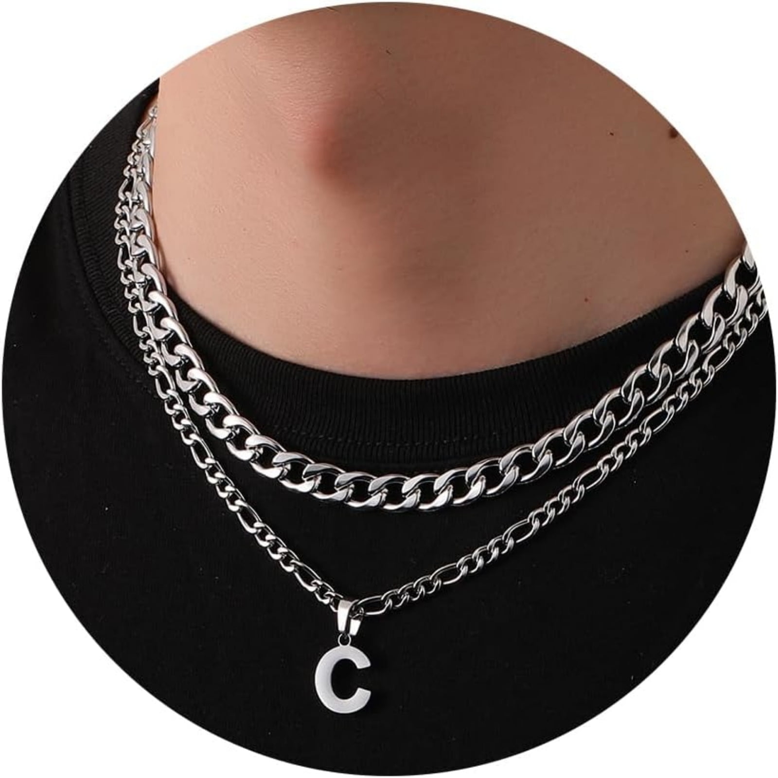 Apsvo Silver Initial Letter A-Z Pendant Necklace for Men Layered Figaro ...