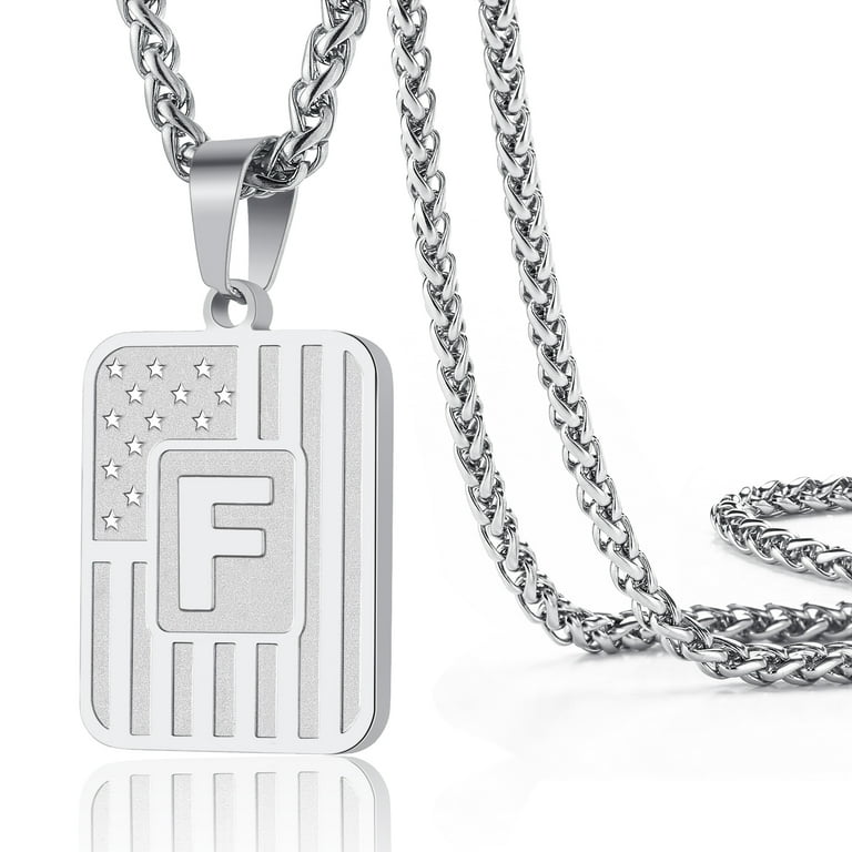 Apsvo Silver Initial Necklaces for Men Women Son Boyfriend Stainless Steel American Flag Stars Dog Tag Name Alphabet Letter Pendant Necklace Birthday