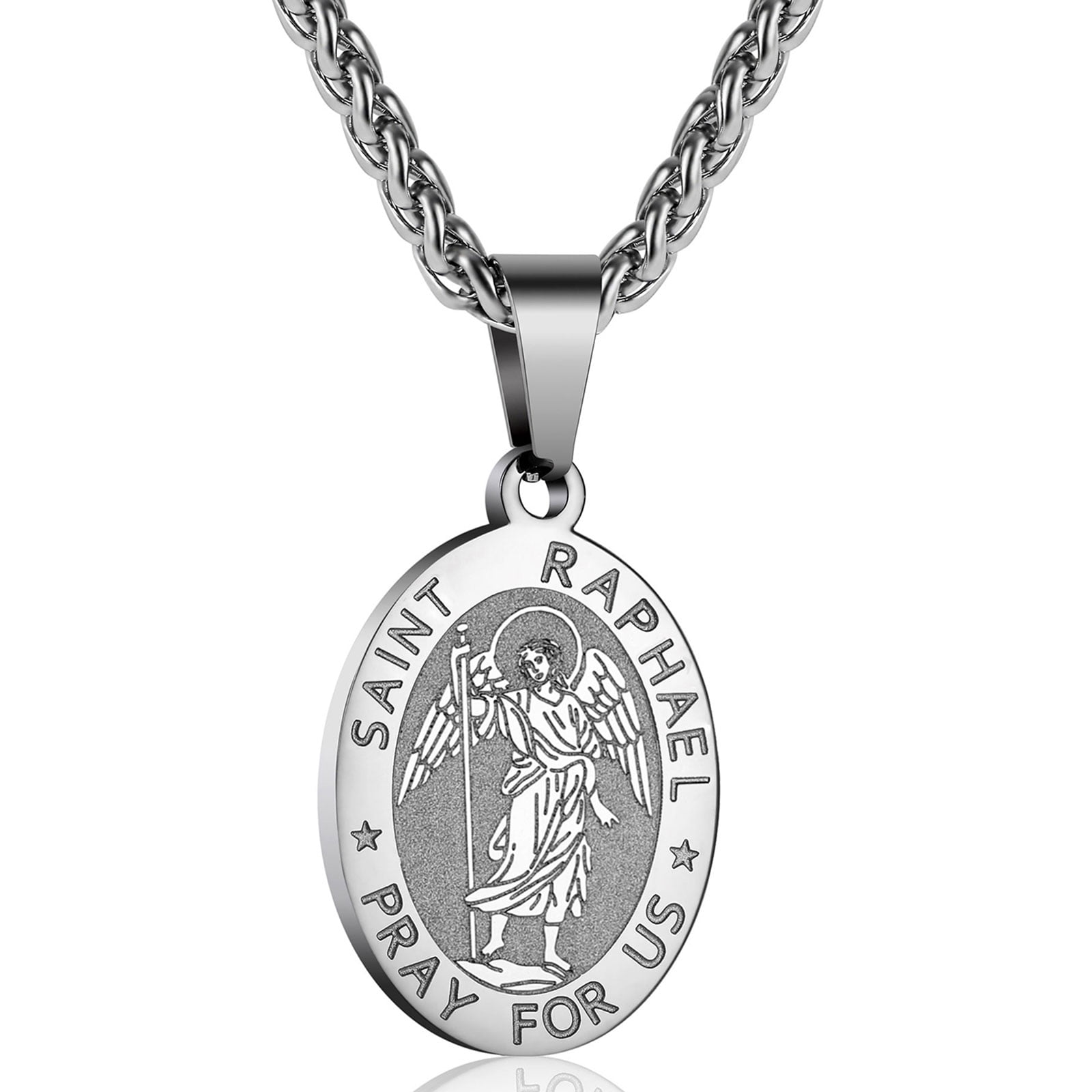 Apsvo Silver Saint St Raphael Medal Necklace Pendant for Men 24 In ...