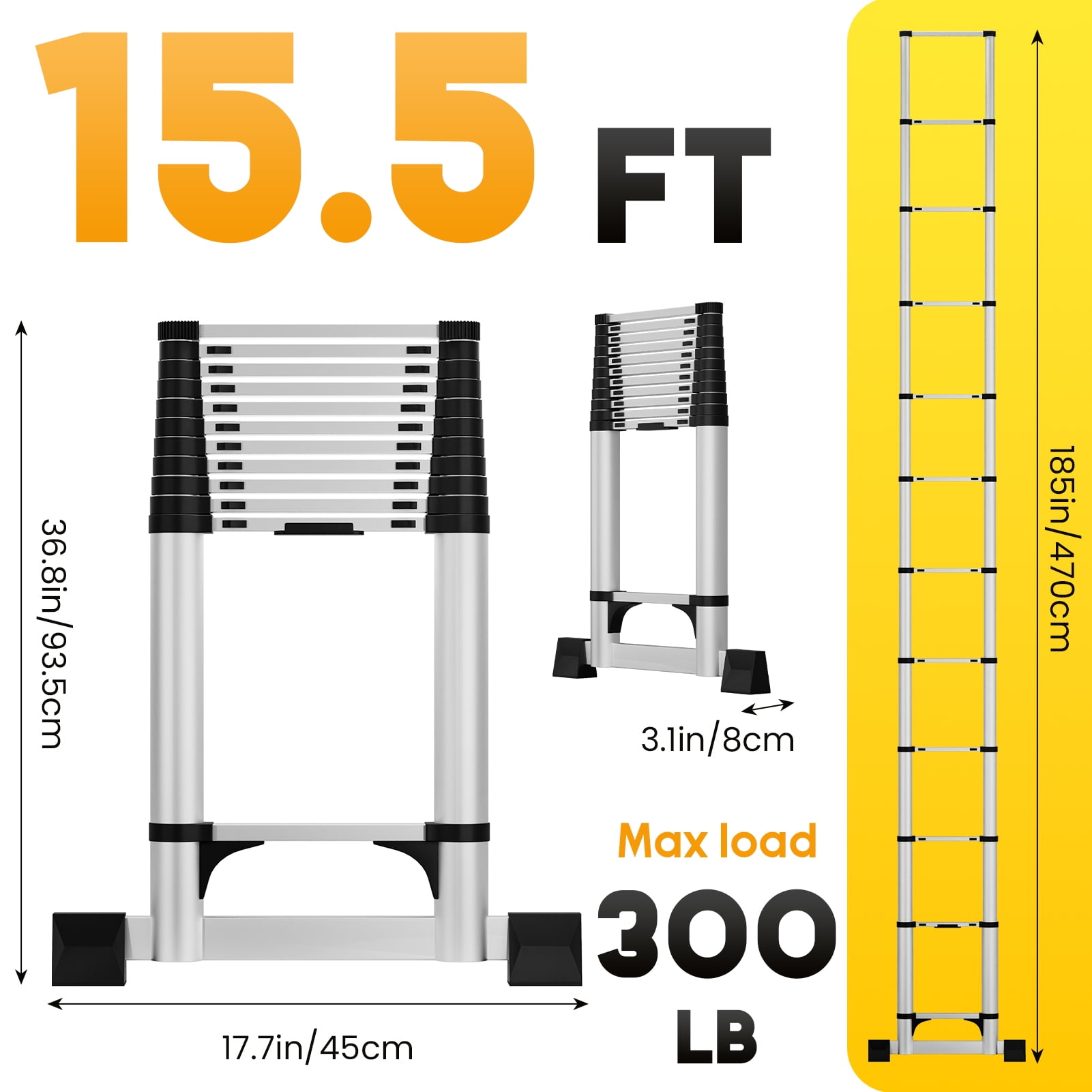 Aqmeifen 15.5ft Telescoping Ladder 330lbs Stainless Steel Telescopic ...