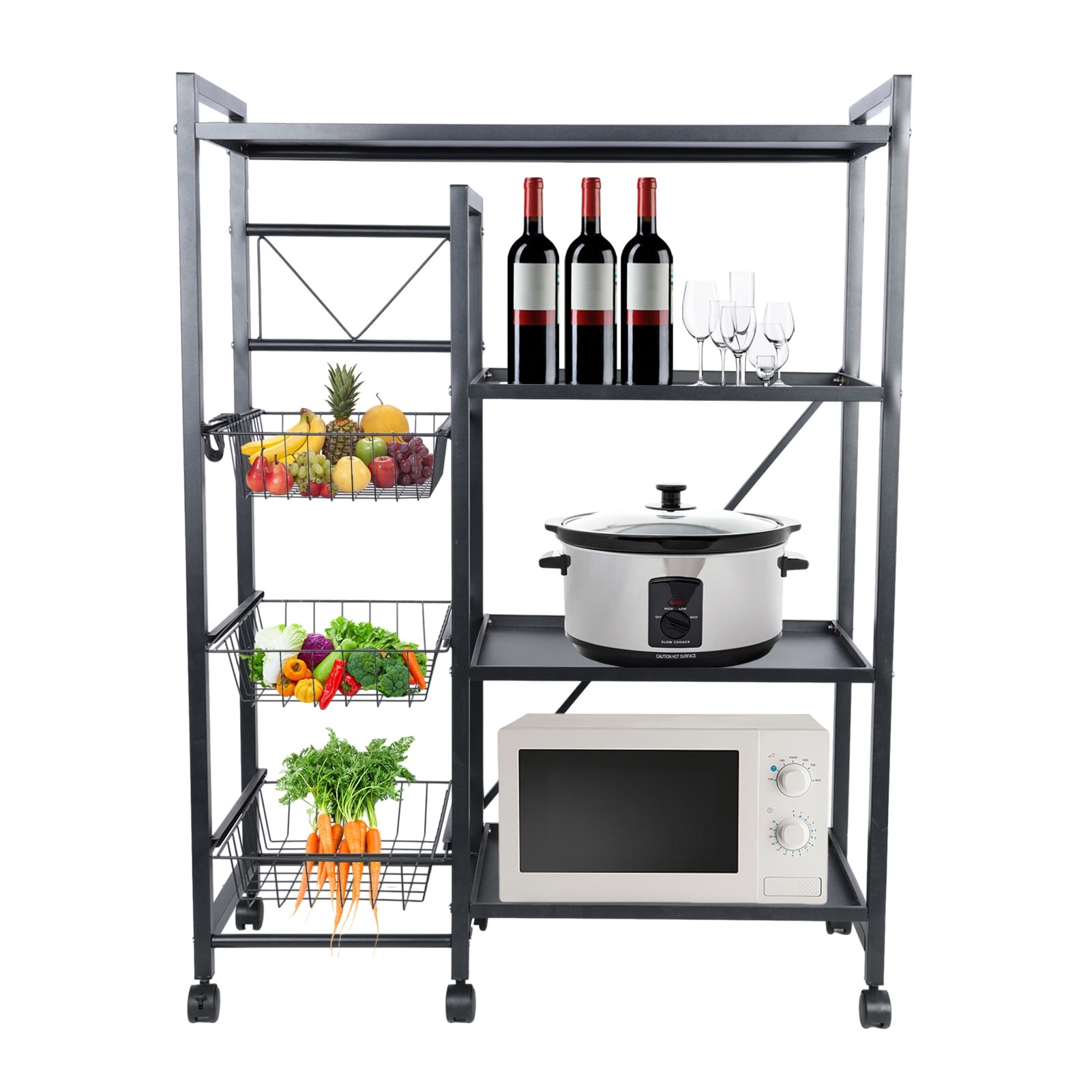 Aqmeifen Bakers Rack with 3 Wire Basket, Wheels, Microwave Stand Kitchen Storage Shelf, Black ...