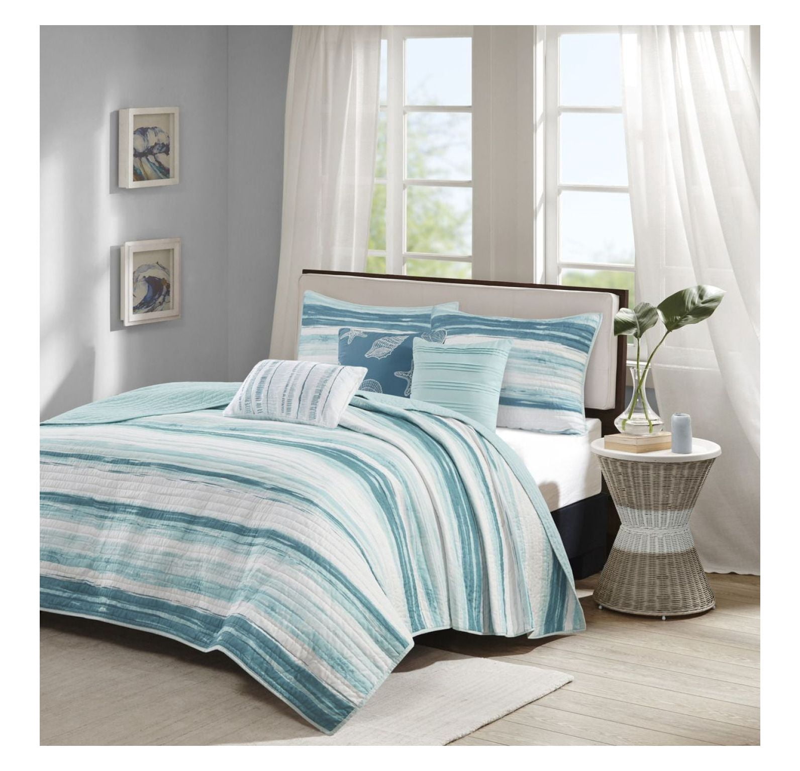 Aqua 6 Piece Quilt Set King/Cal King - Watercolor Stripe Design with ...
